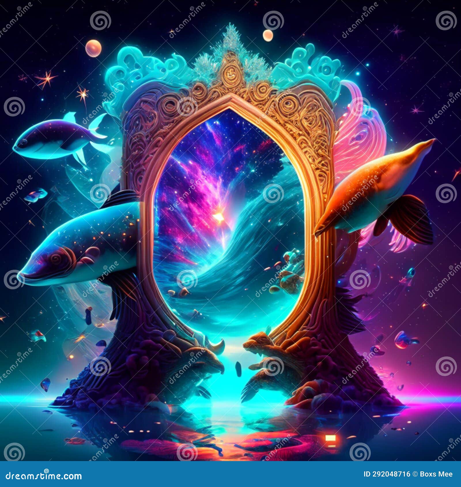 Heraldic Shield with Fish in Space. 3d Vector Illustration Generative ...