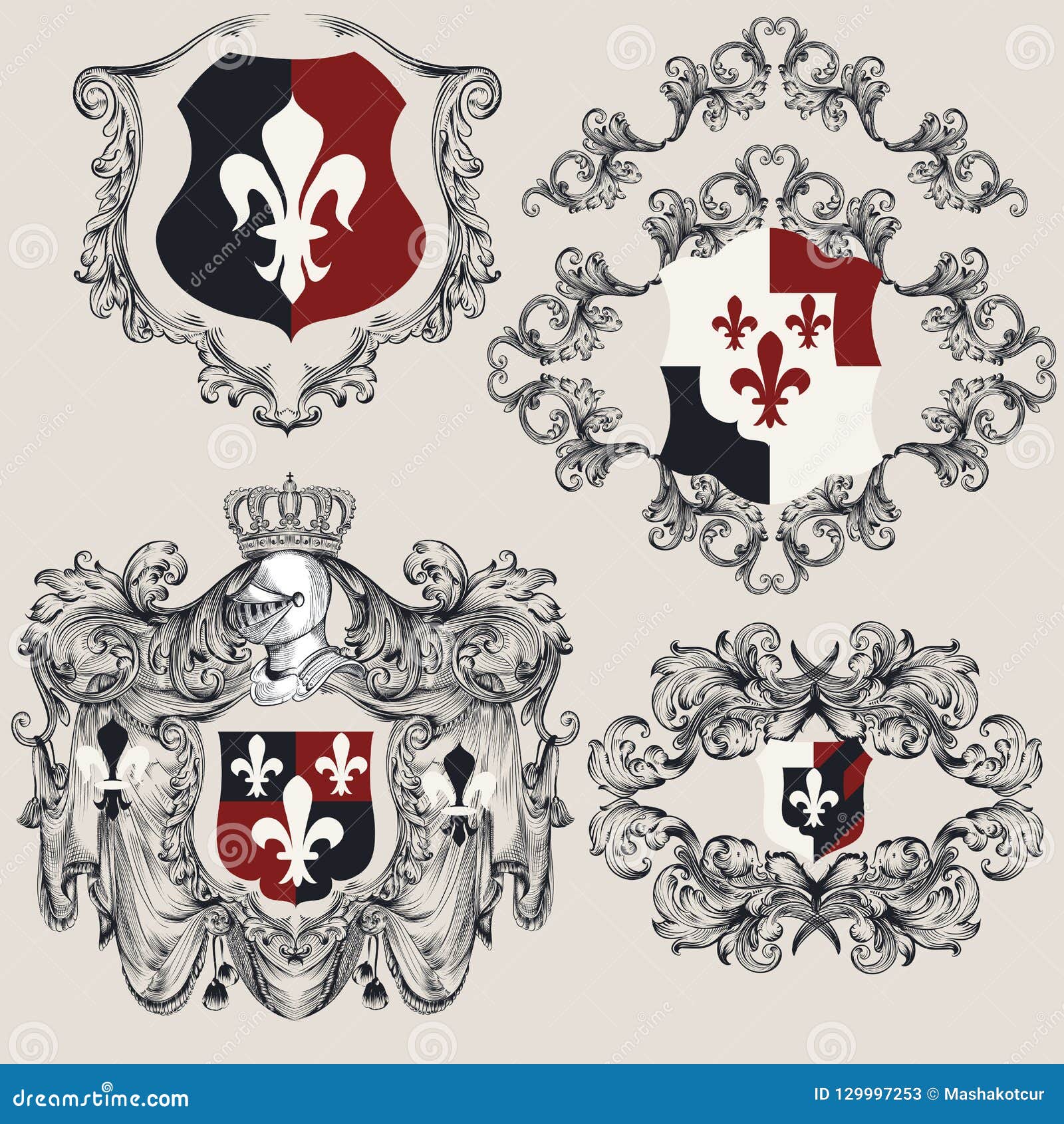 Heraldic Shields Set for Antique Vintage Design. Vector Illustration ... Heraldic Shields Set for Antique Vintage Design. Vector Illustration ...