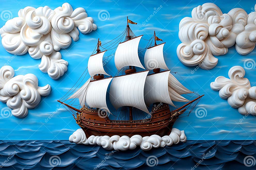Heraldic Ship, Full Sails, Waves Beneath Represents Exploration and ...