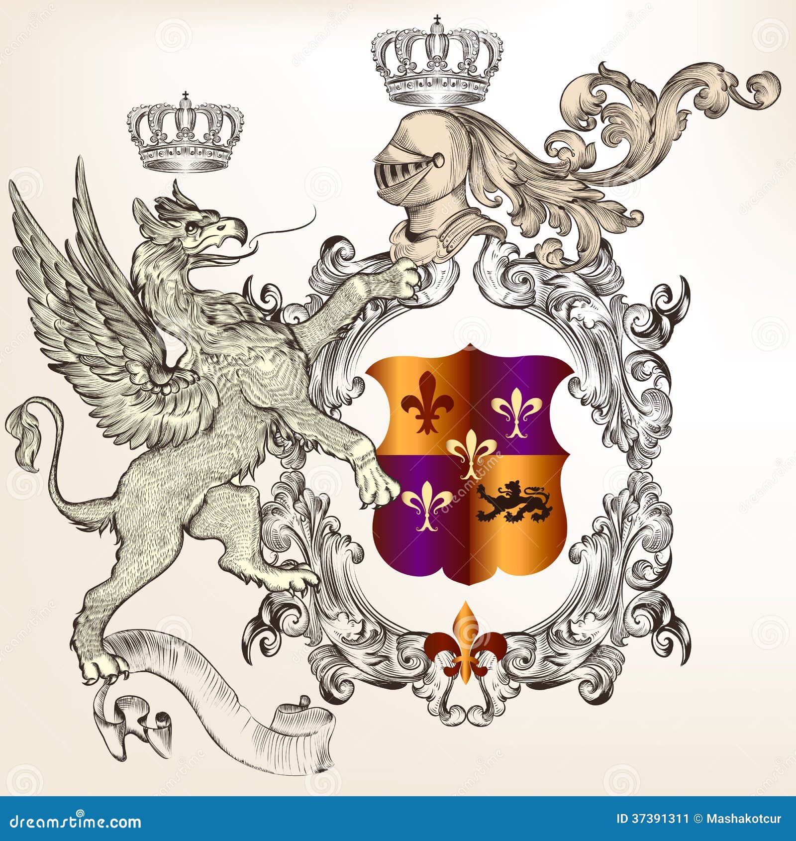 Heraldisches Design Mit Greif, Ritter Und Wappen Vektor Abbildung ...