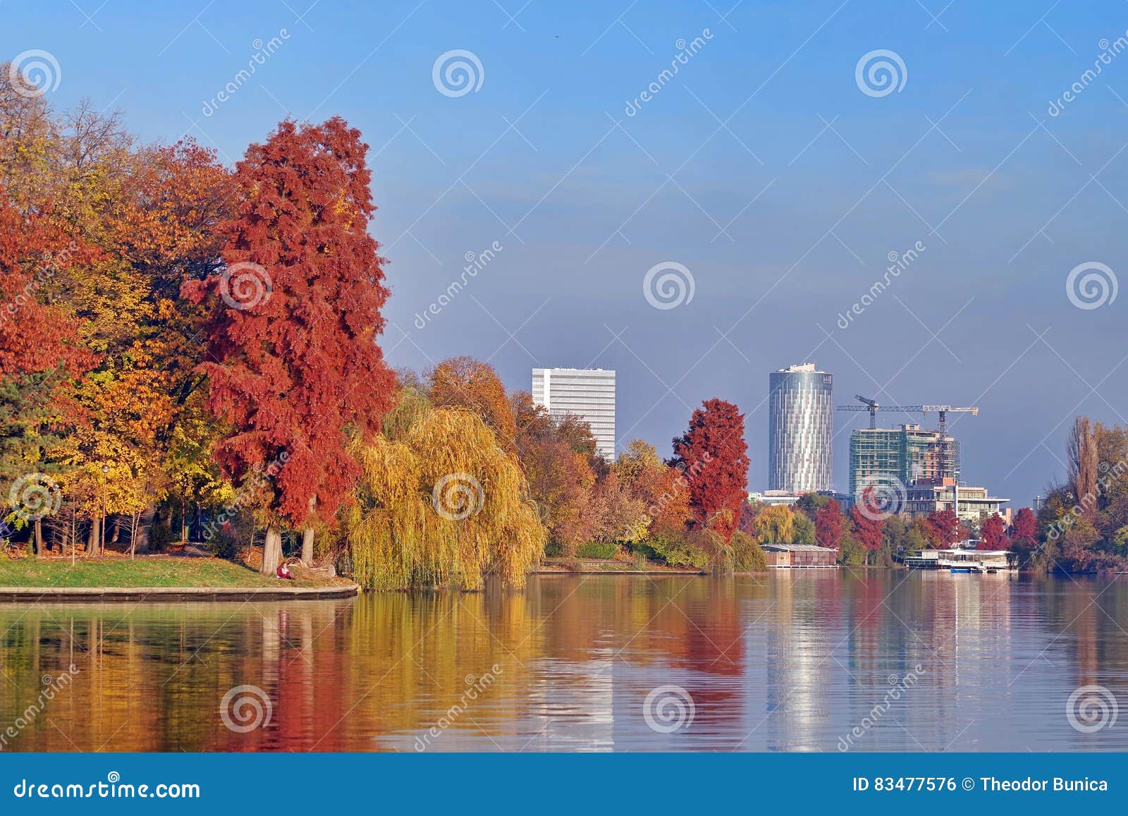 Autumn Landscape in the Herastrau Park. Colored Trees and Floreasca ...