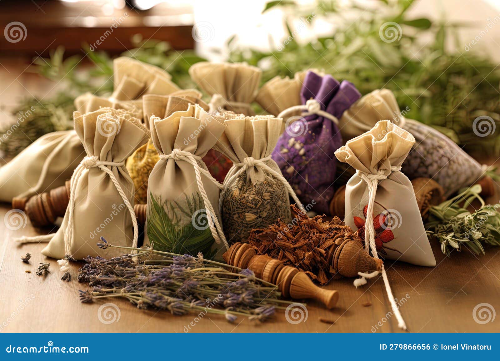 Herbal Sachets on a Table with a Selection of Plants Including Lavender ...