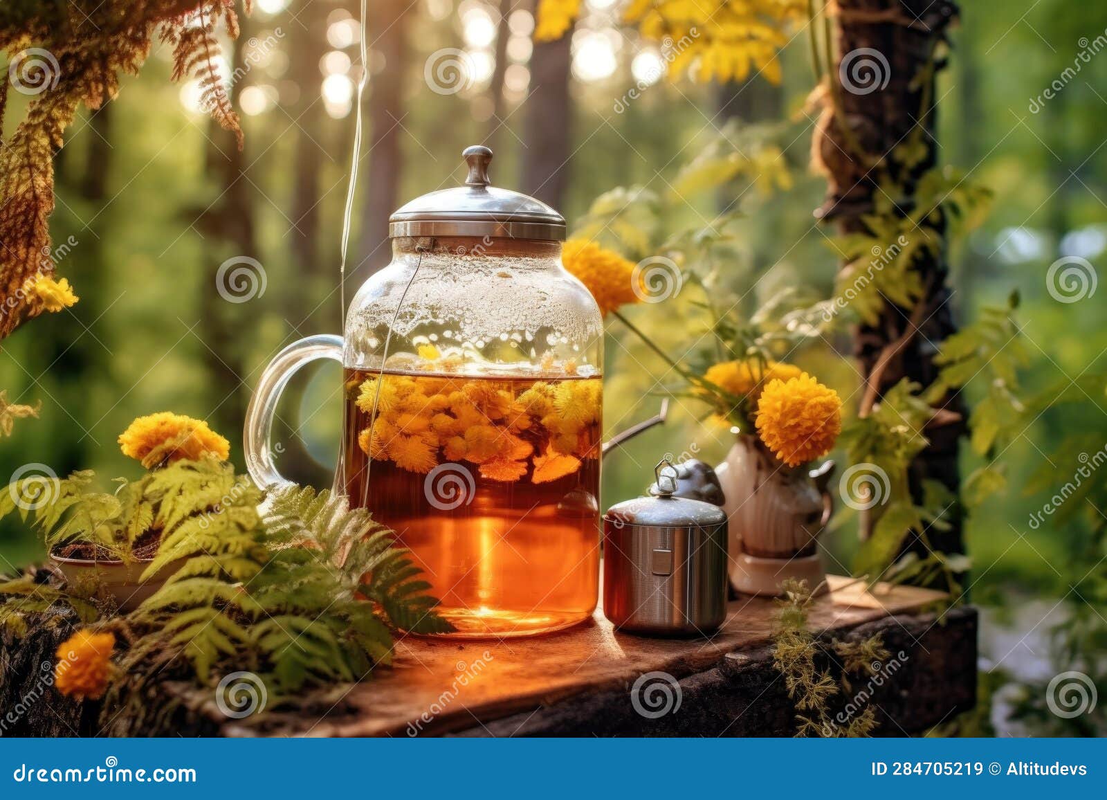 Herbal Tea Brewing in a Glass Teapot among Nature Stock Illustration ...