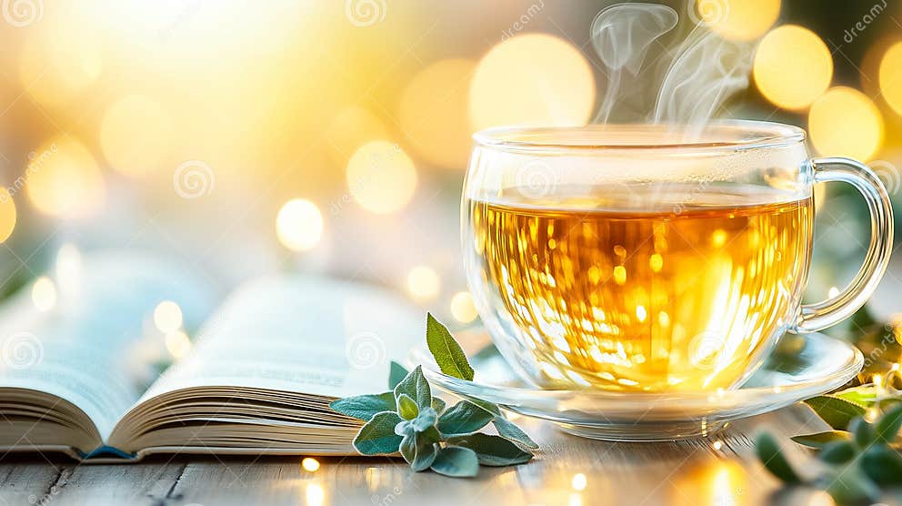 Herbal Tea Steams Gently in a Cup Placed Next To an Open Book on a ...