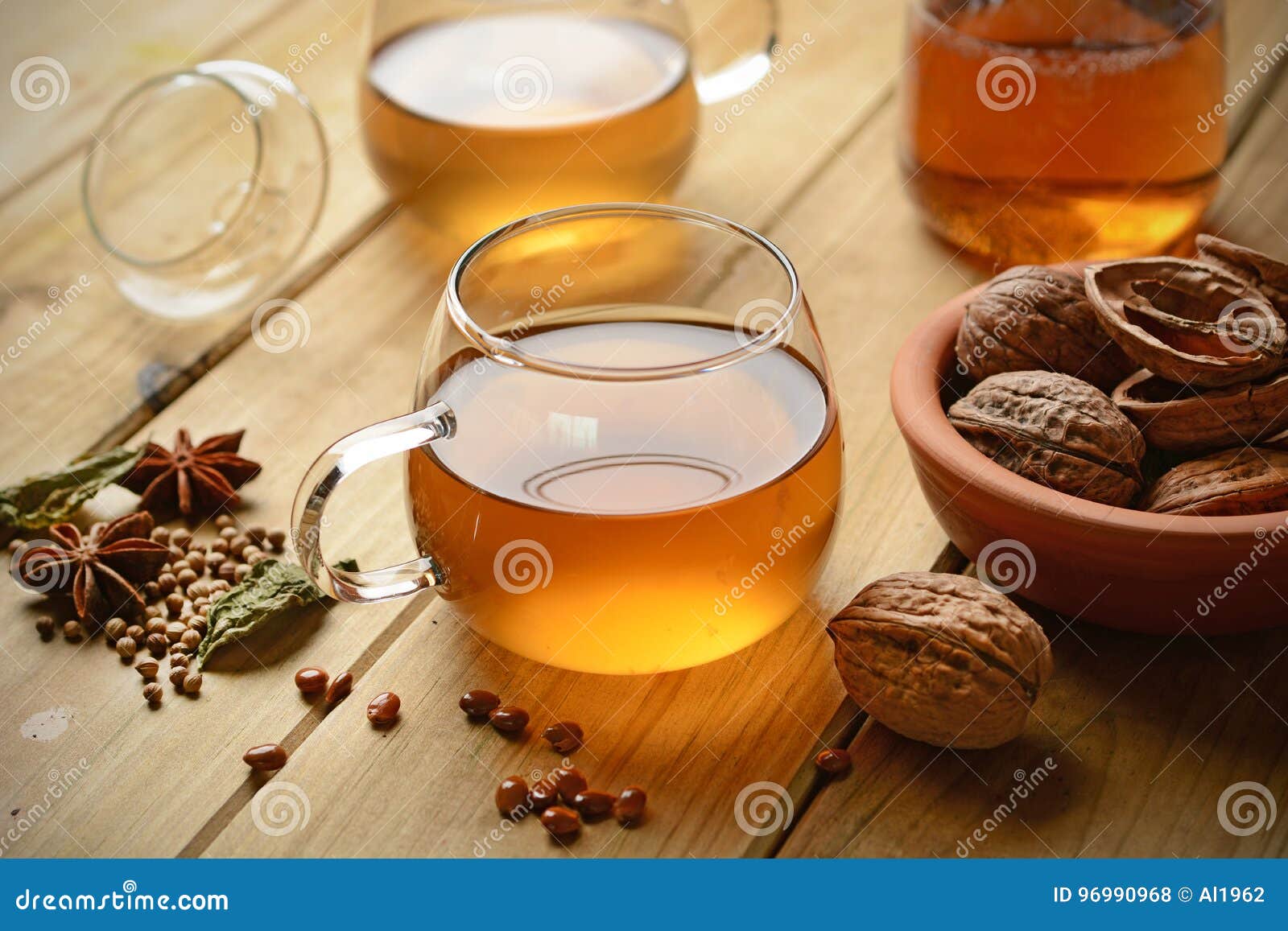 Herbal Tea with Walnuts and Ingredients Around Stock Photo - Image of ...