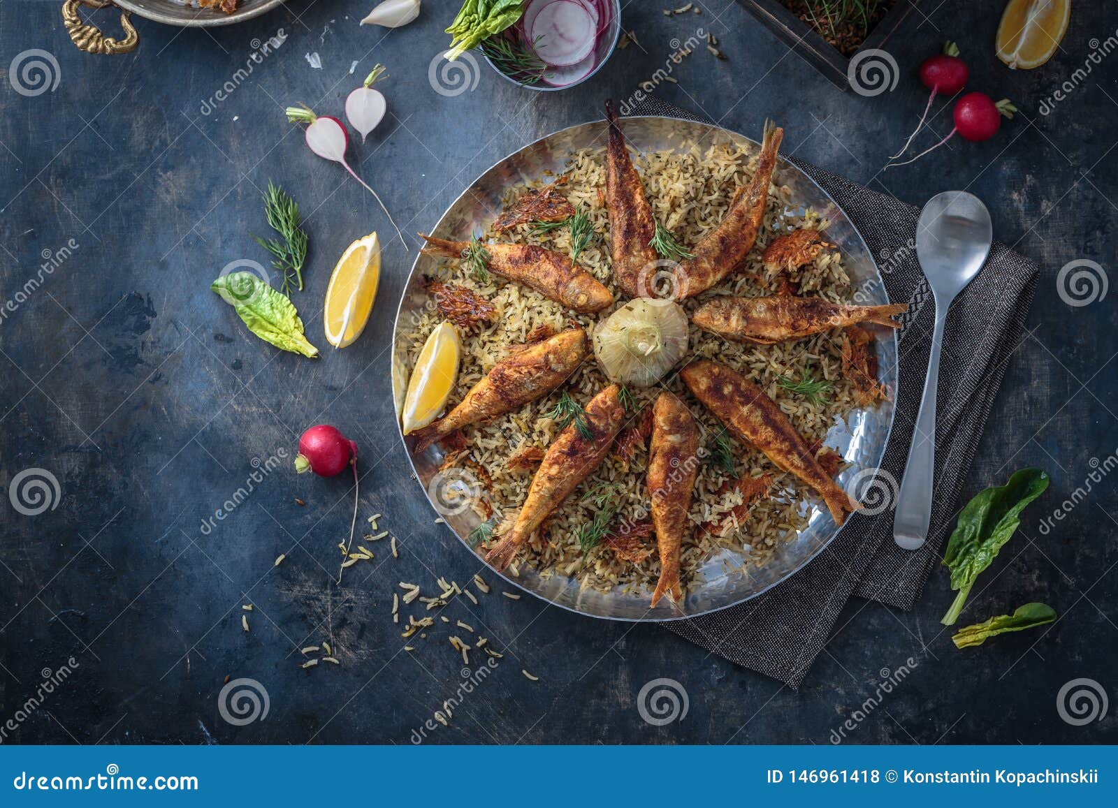 Herbed Rice with Fried Fish, Persian New Year Dish Stock Photo - Image ...