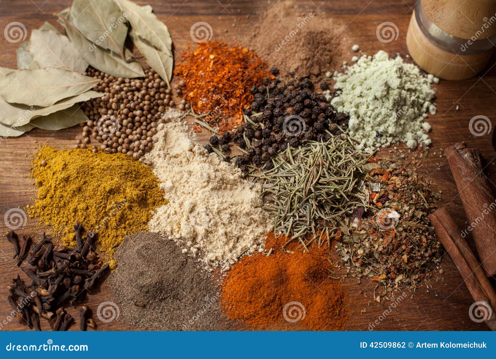 Herbs and Spices Composition Cooking Ingredients on a Wooden Tabletop ...