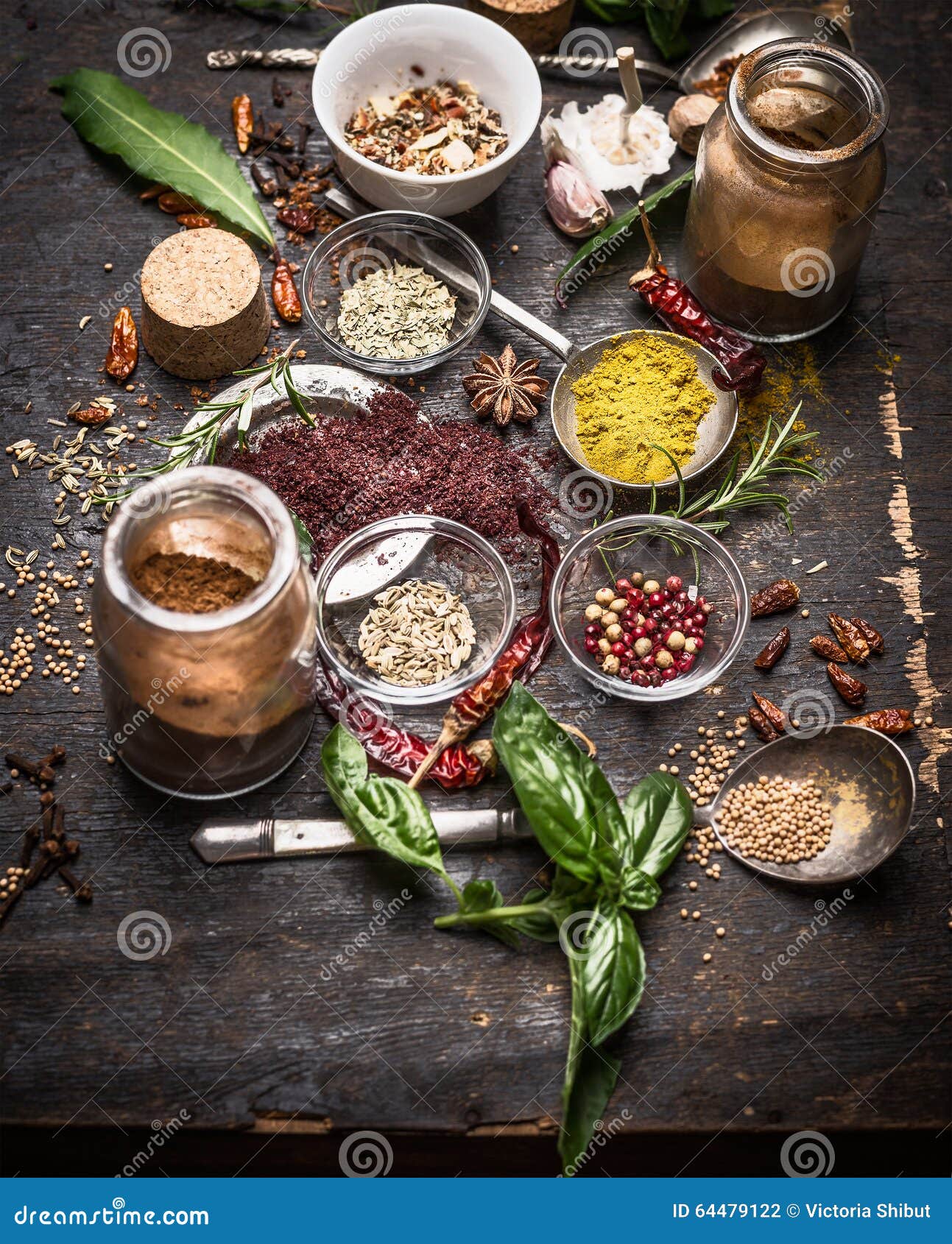 Herbs and Spices Selection on Dark Rustic Grunge Background Stock Photo ...