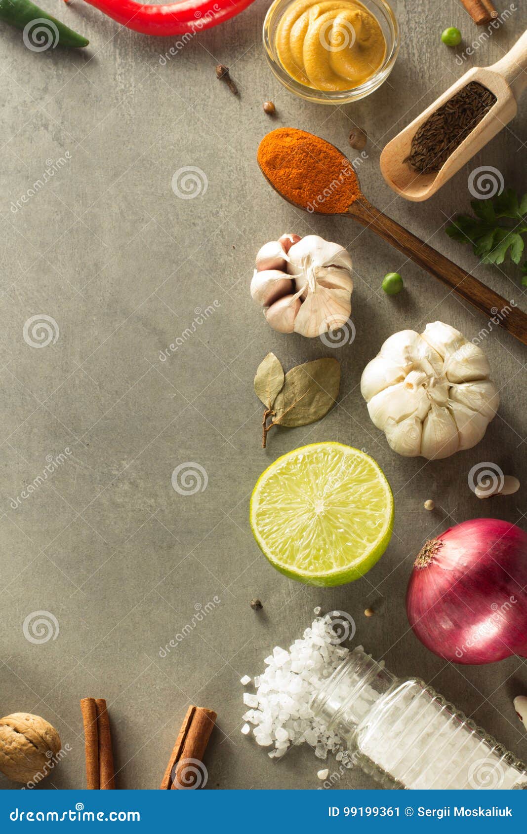 Herbs and spices at table stock image. Image of bottle - 99199361