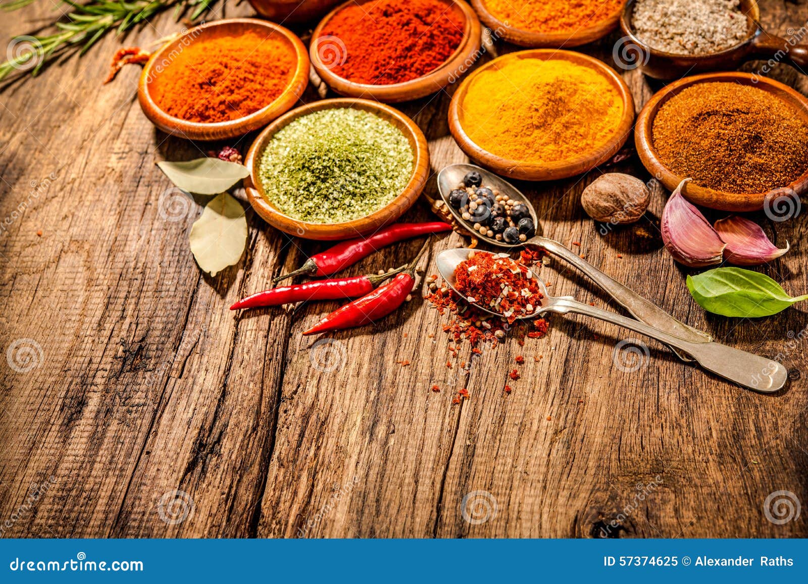 Herbs and Spices on Wooden Table Stock Image - Image of food, asia ...