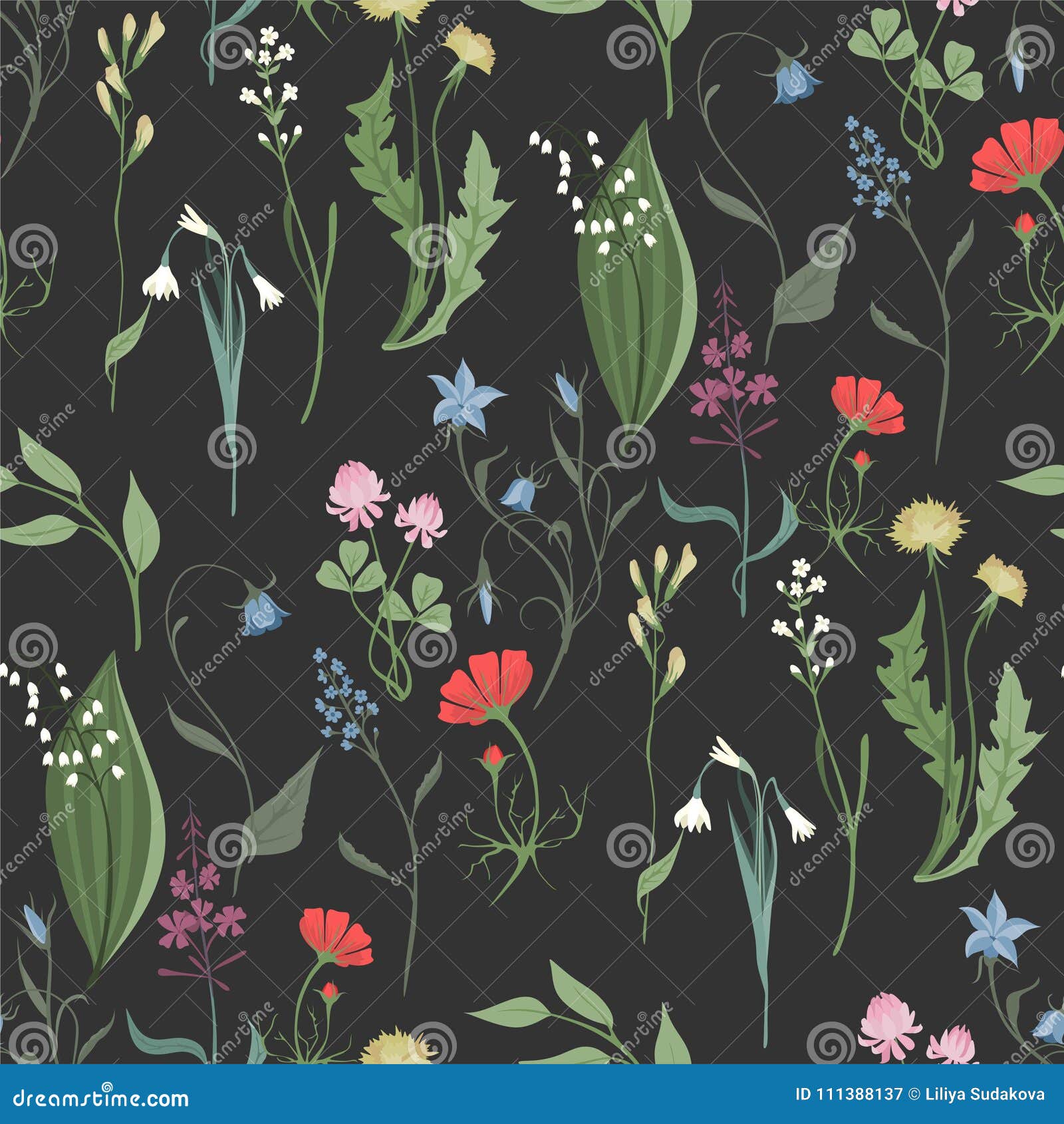 Herbs and Wild Flowers Vector Seamless Pattern Stock Vector ...