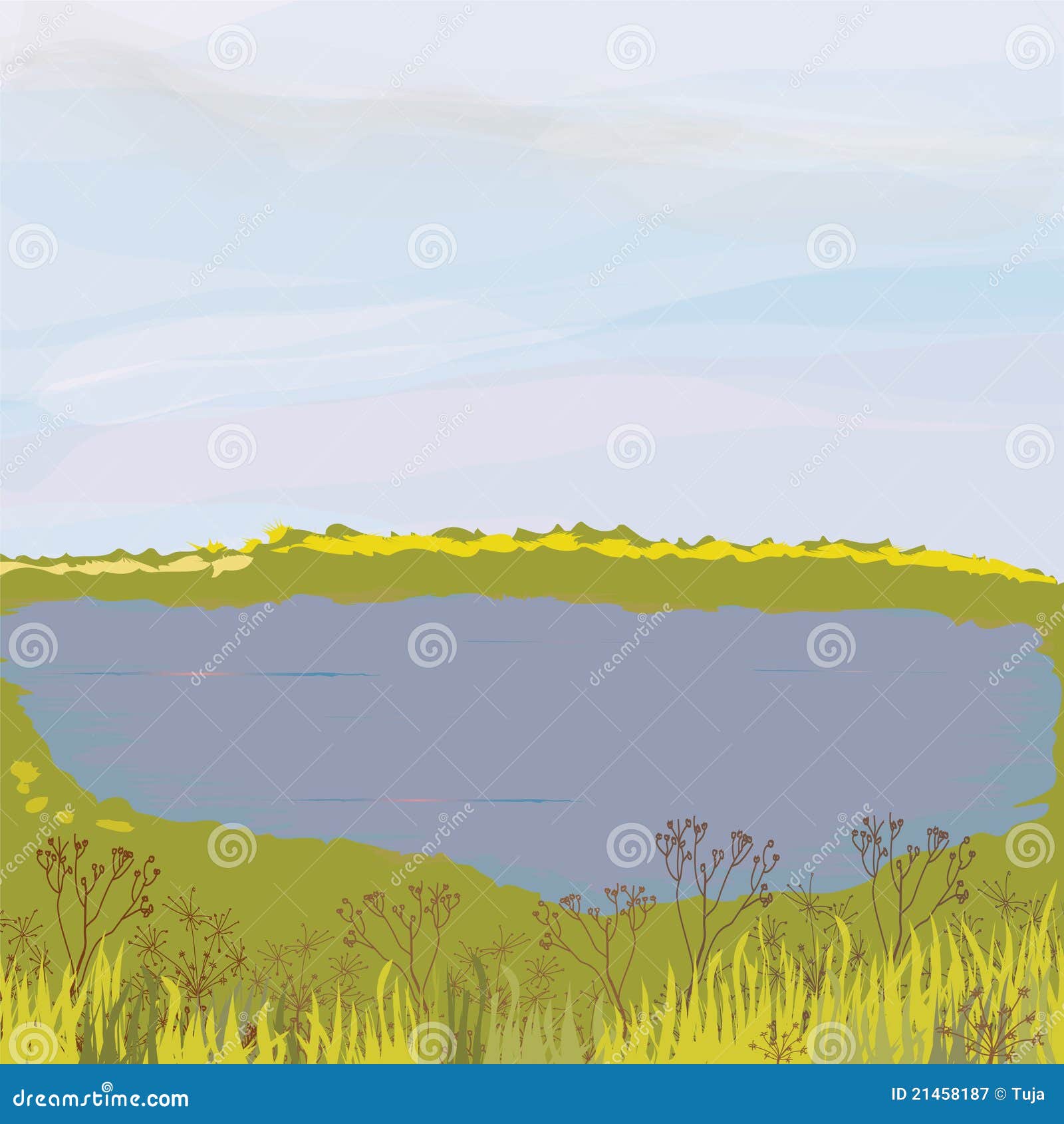 Herbstliche Landschaft Mit See Und Wiese Vektor Abbildung ...