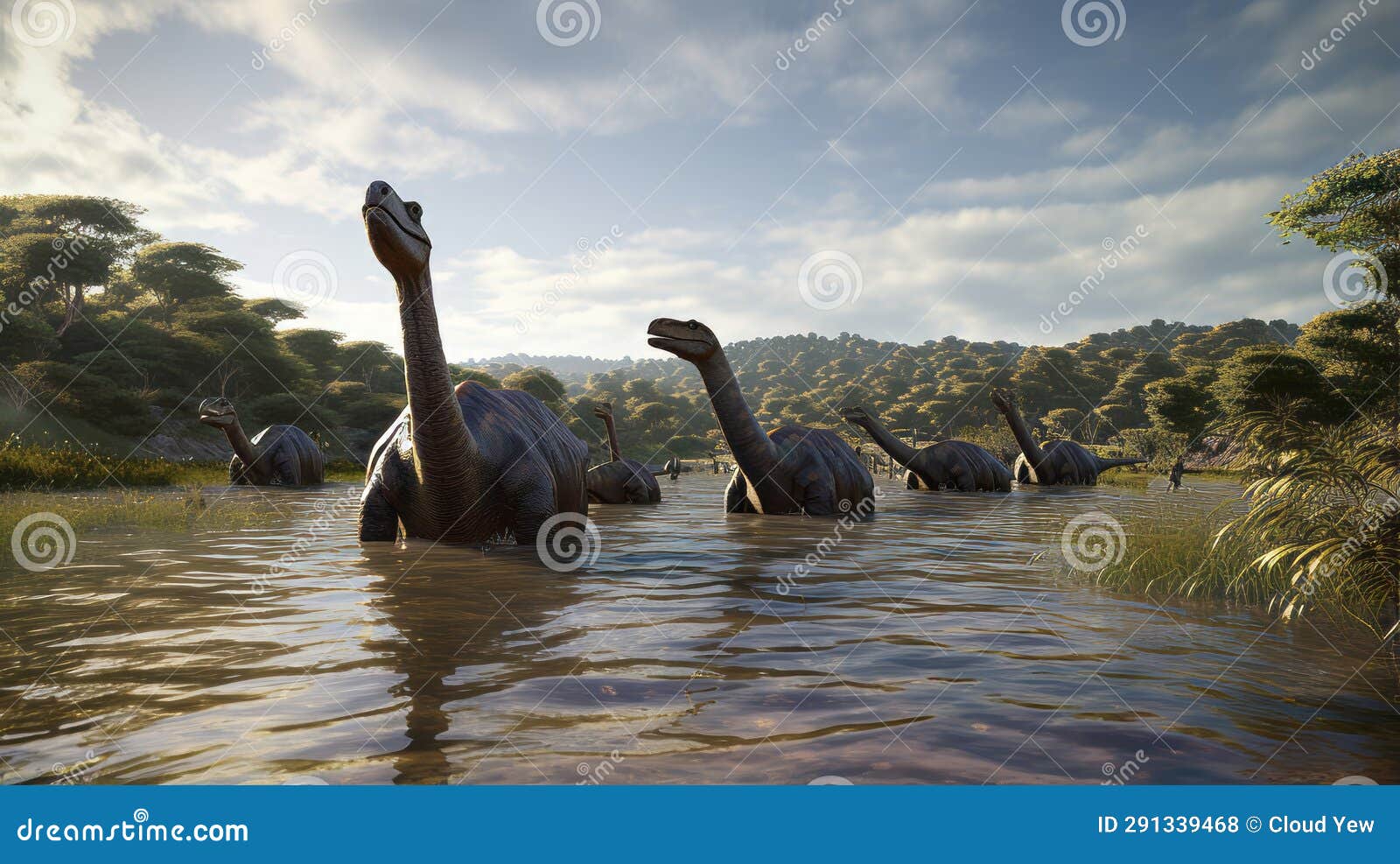 Apatosaurus Herd Wading through River Stock Illustration - Illustration ...