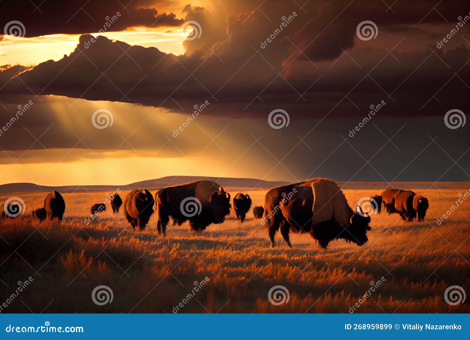 A Herd of Bison Grazes on the Prairie at Sunset. AI Generated Stock ...