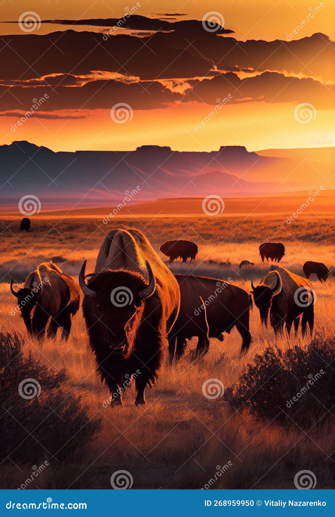 A Herd of Bison Grazes on the Prairie at Sunset. AI Generated Stock ...