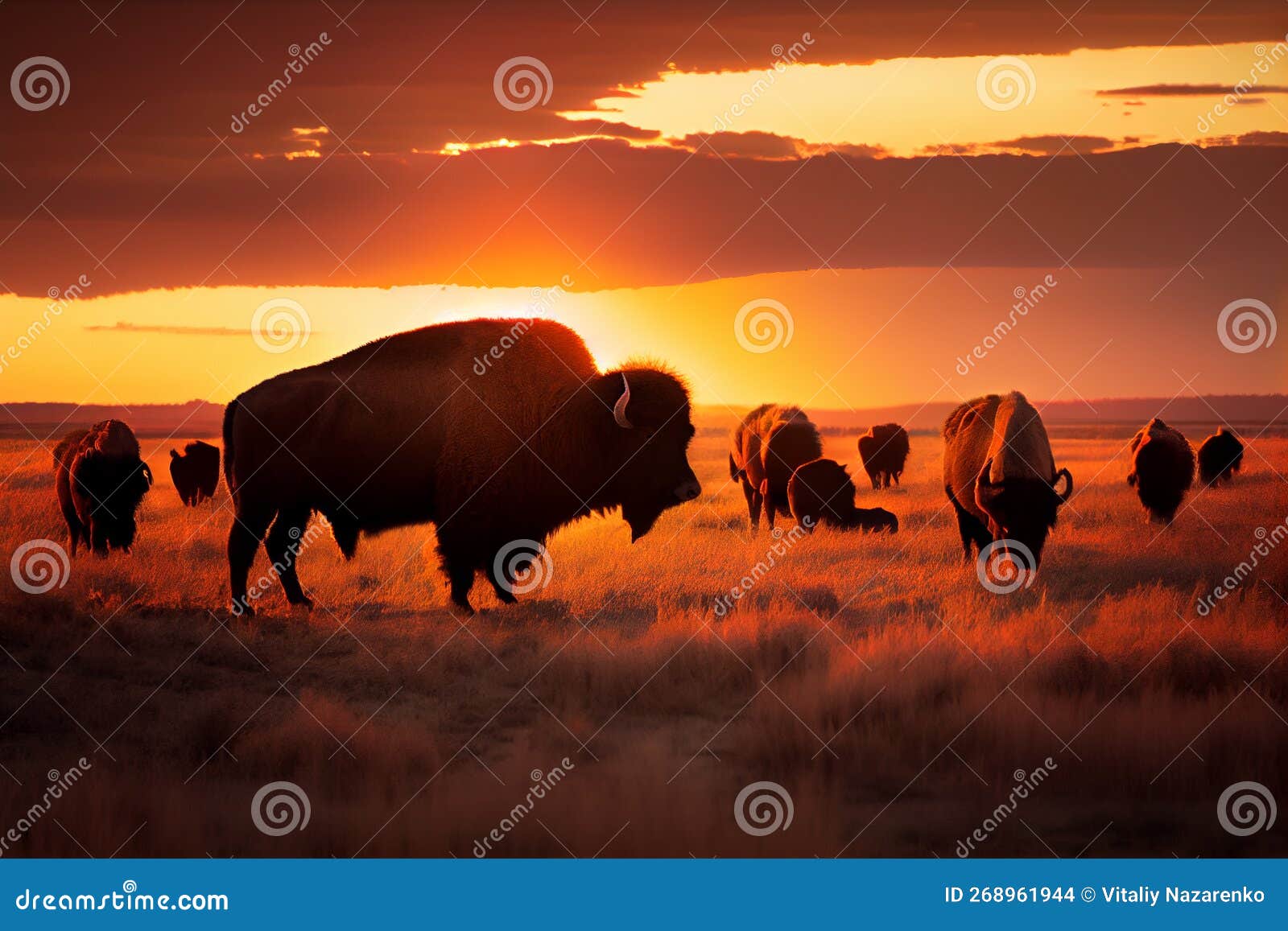A Herd of Bison Grazes on the Prairie at Sunset. AI Generated Stock ...