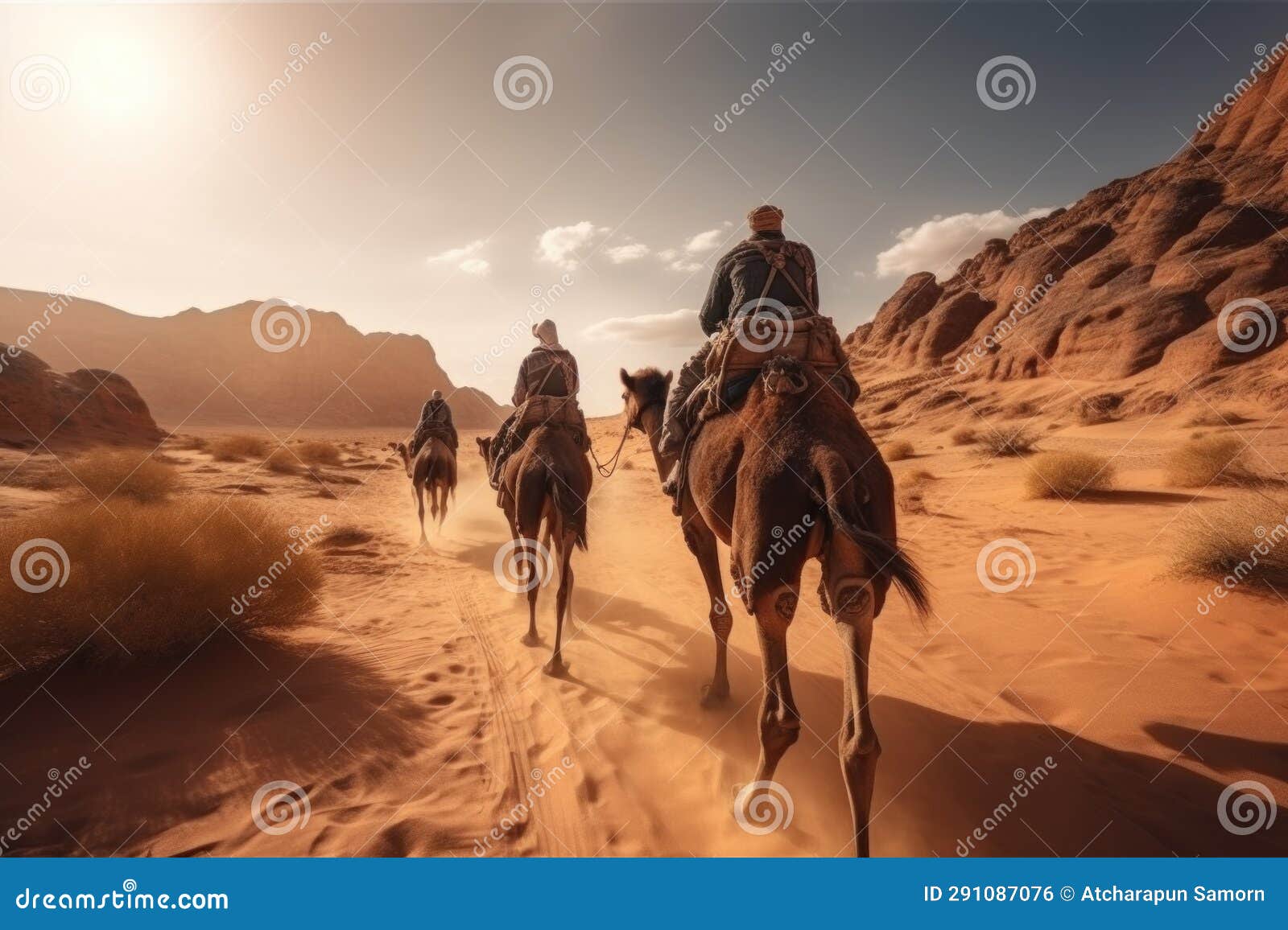 Herd of Camel Riders Crossing the Great Desert Stock Photo - Image of ...