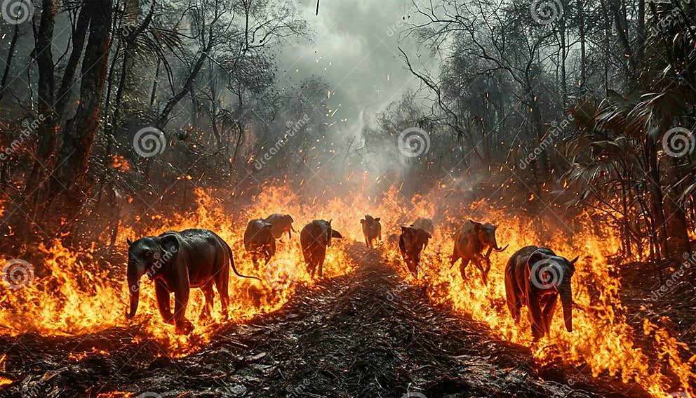 A Herd of Elephants Flees a Forest Fire Stock Image - Image of morning ...