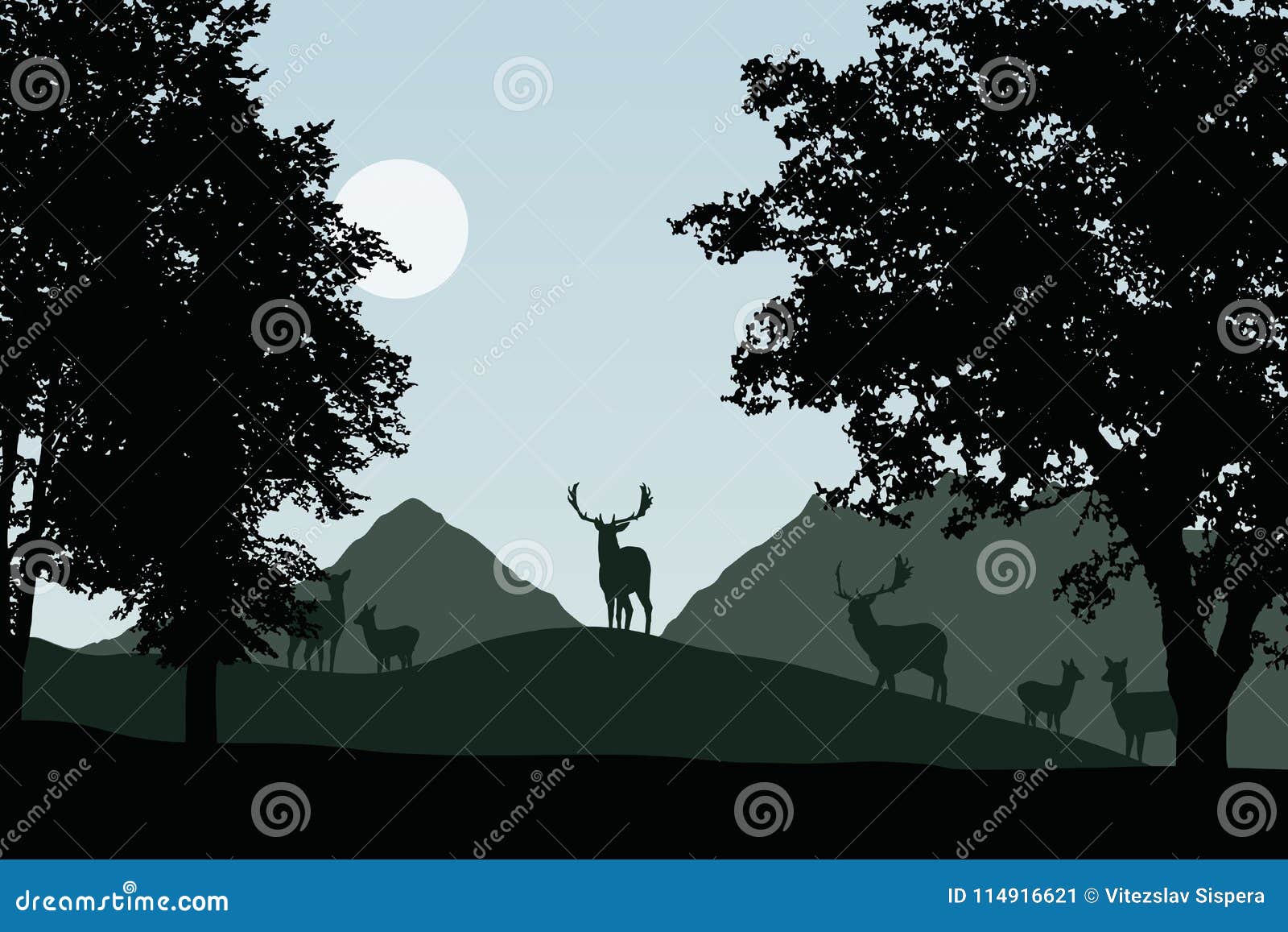 Herd of Fallow Deer Standing Under Deciduous Trees, Vector, with Sky ...