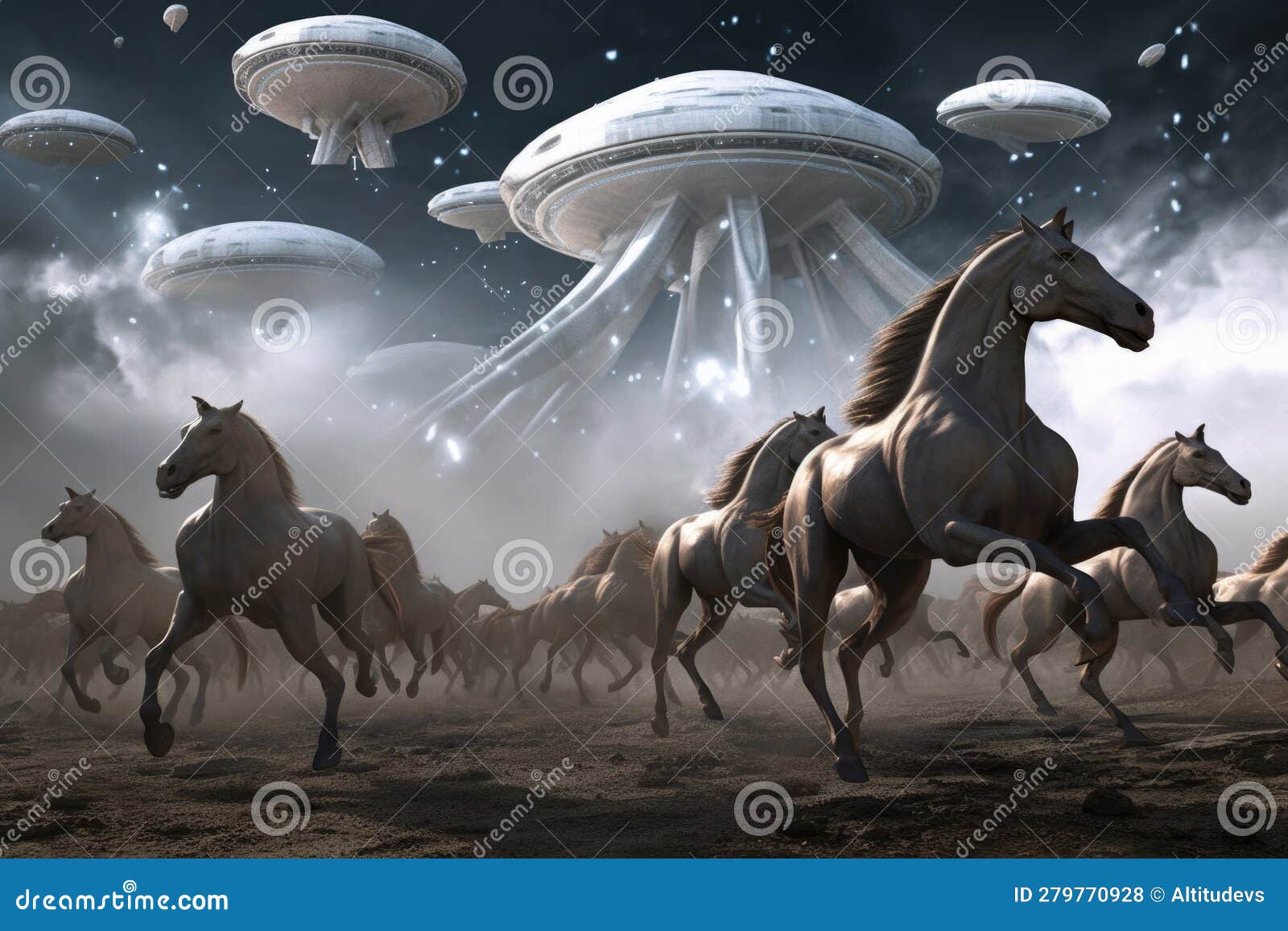 A Herd of Galloping Horses, with an Alien Spacecraft in the Background ...