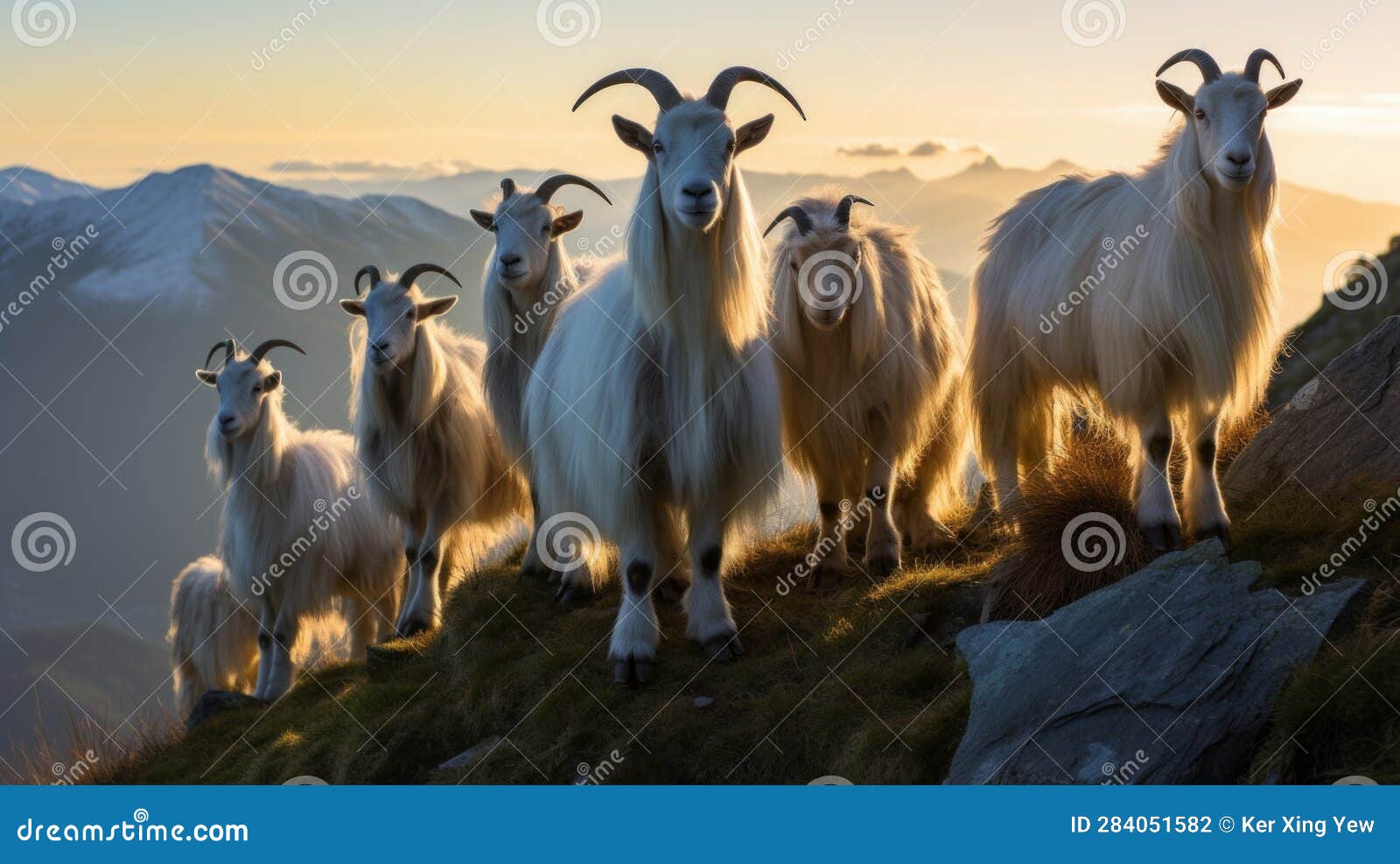 A Herd of Goats Standing on Top of a Mountain Stock Illustration ...