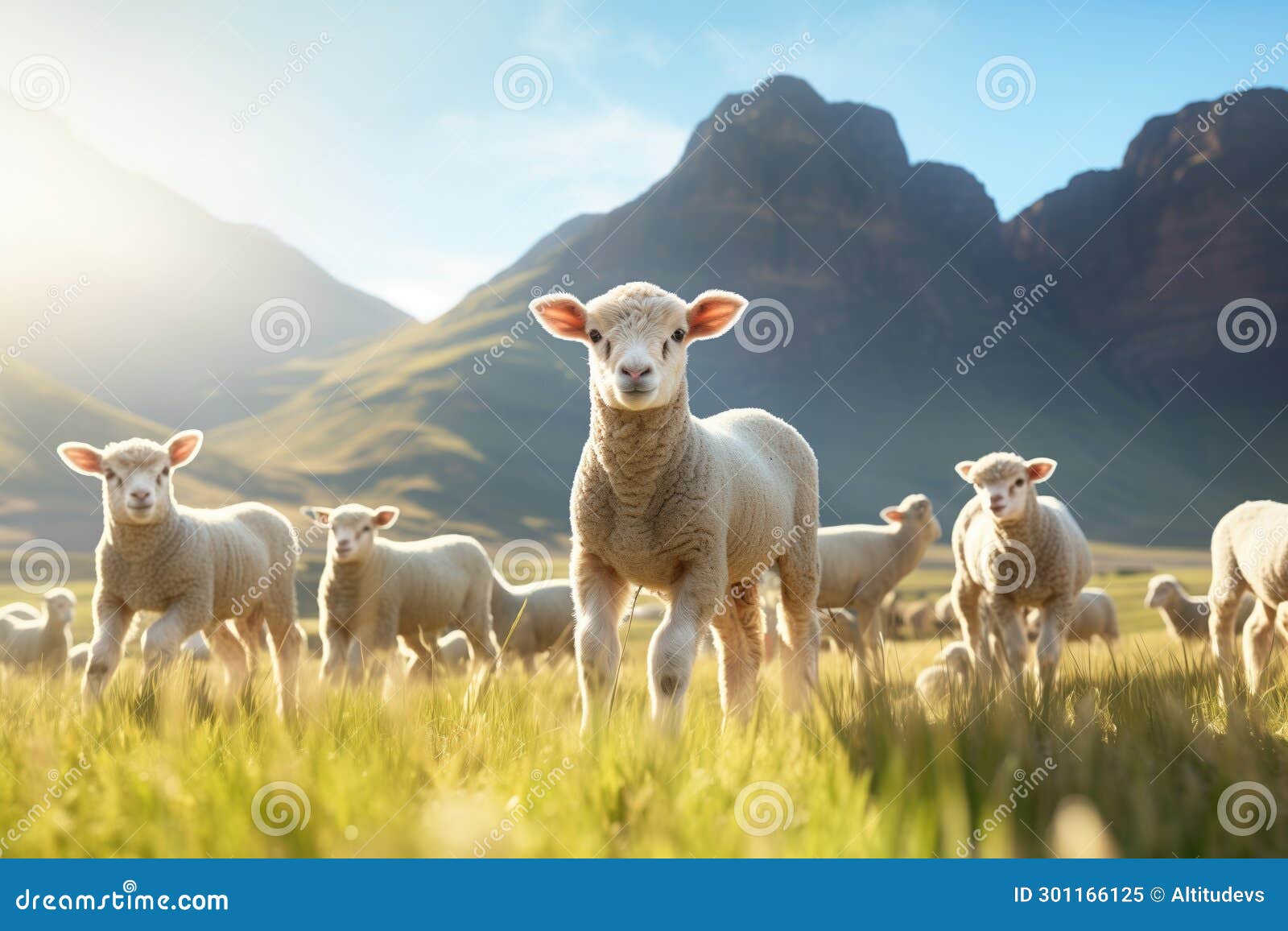 Herd of Lambs with a Sunny Mountain Backdrop Stock Illustration ...