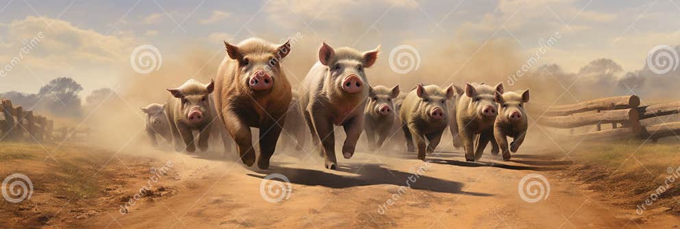 A Herd of Pigs Running Down a Dirt Road Stock Illustration ...
