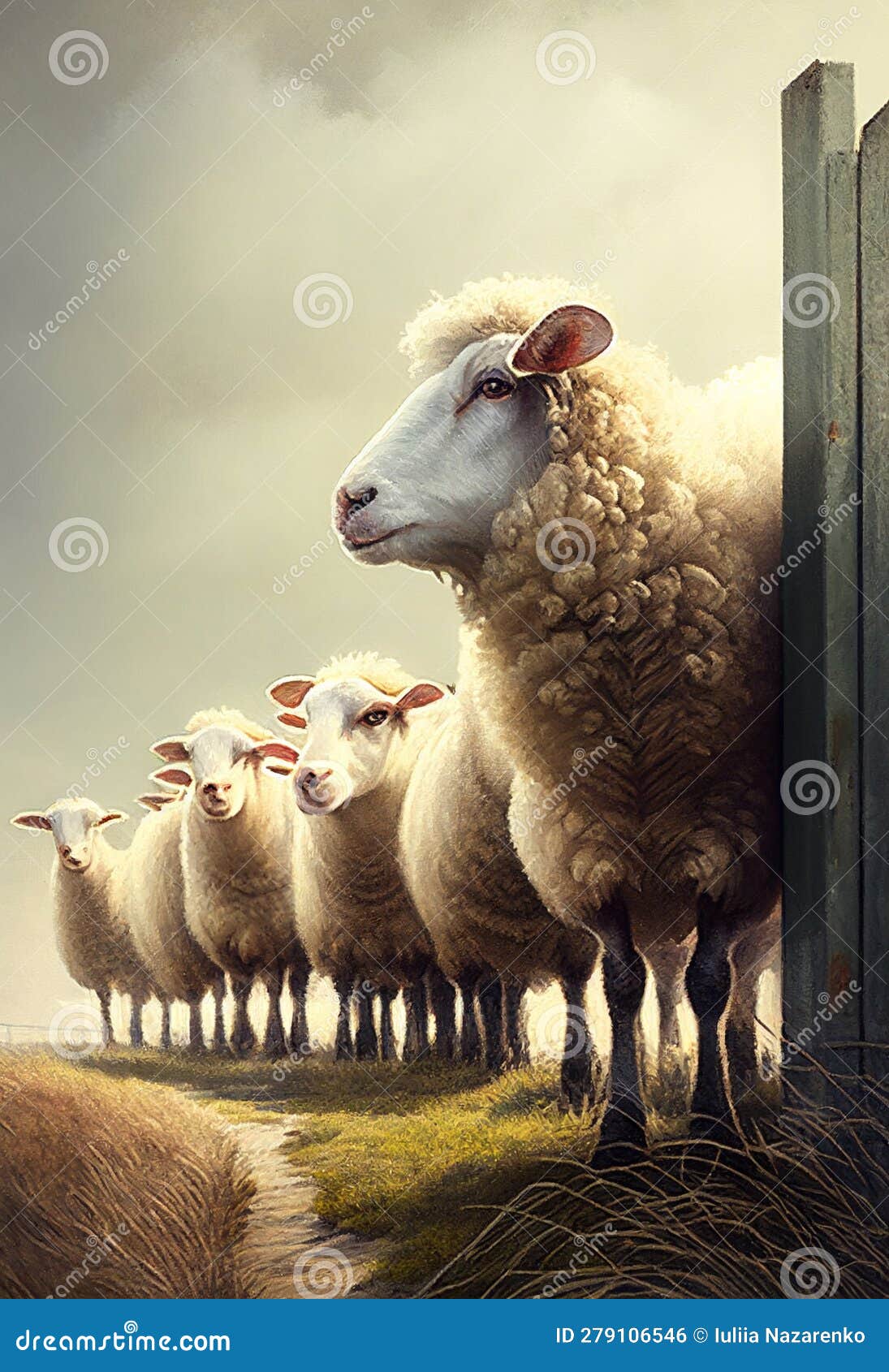 A Herd of Rams and Sheep Grazes in the Meadow in the Rays of the Sunset ...