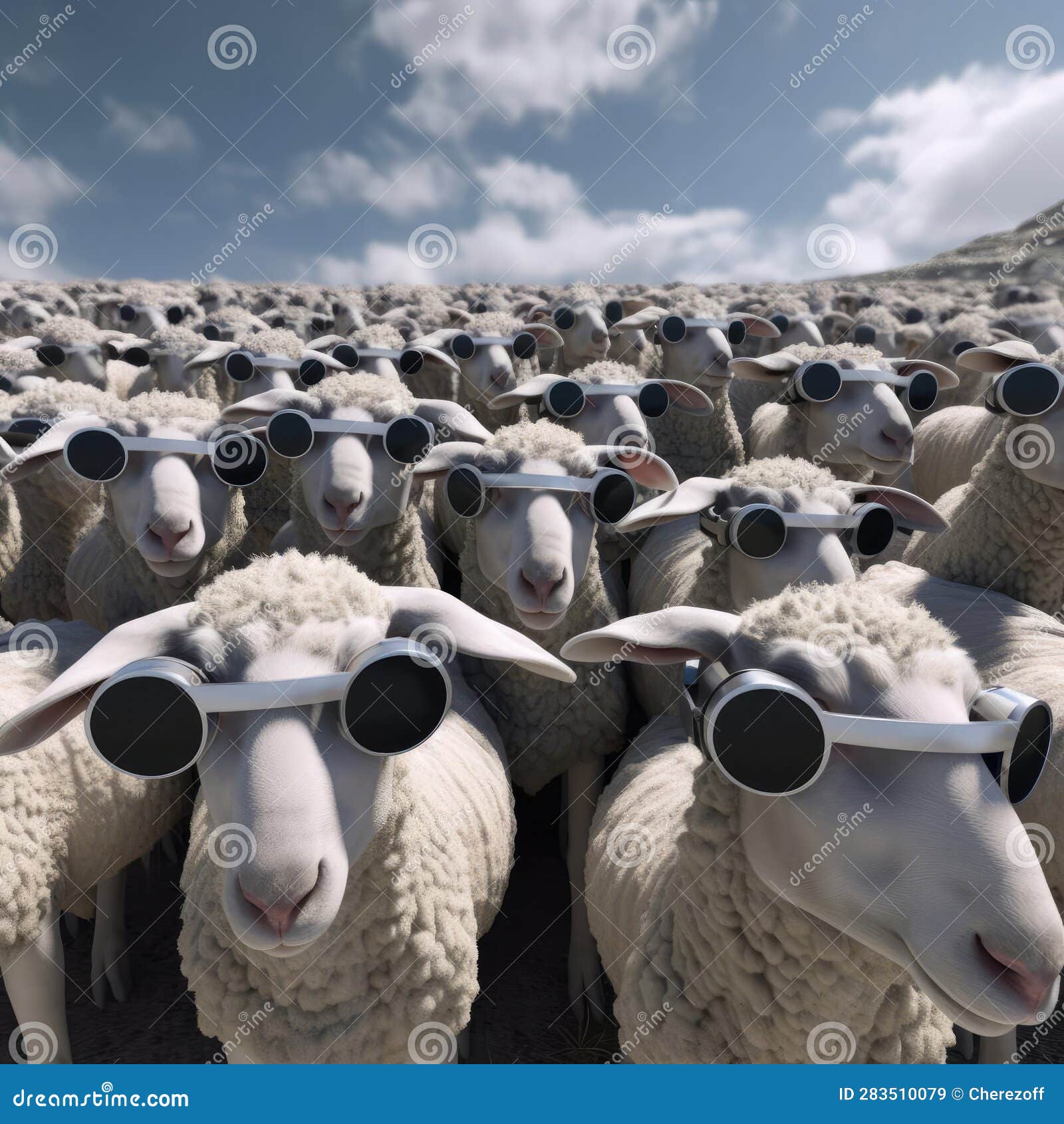 A Herd of Sheep Wearing Virtual Reality Glasses Stock Illustration ...