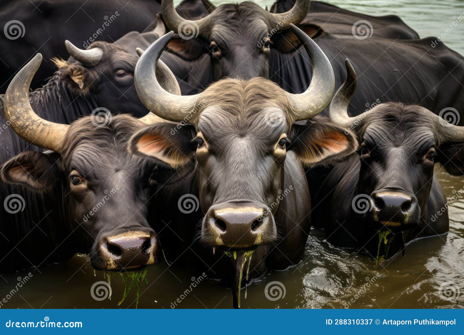 A Herd of Water Buffalos Look at the Viewer. Stock Illustration ...