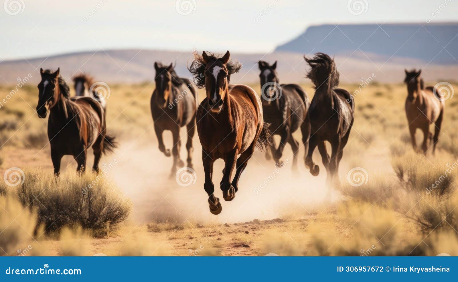 A Herd of Wild Mustangs Running Across a Desert Landscape Stock Photo ...