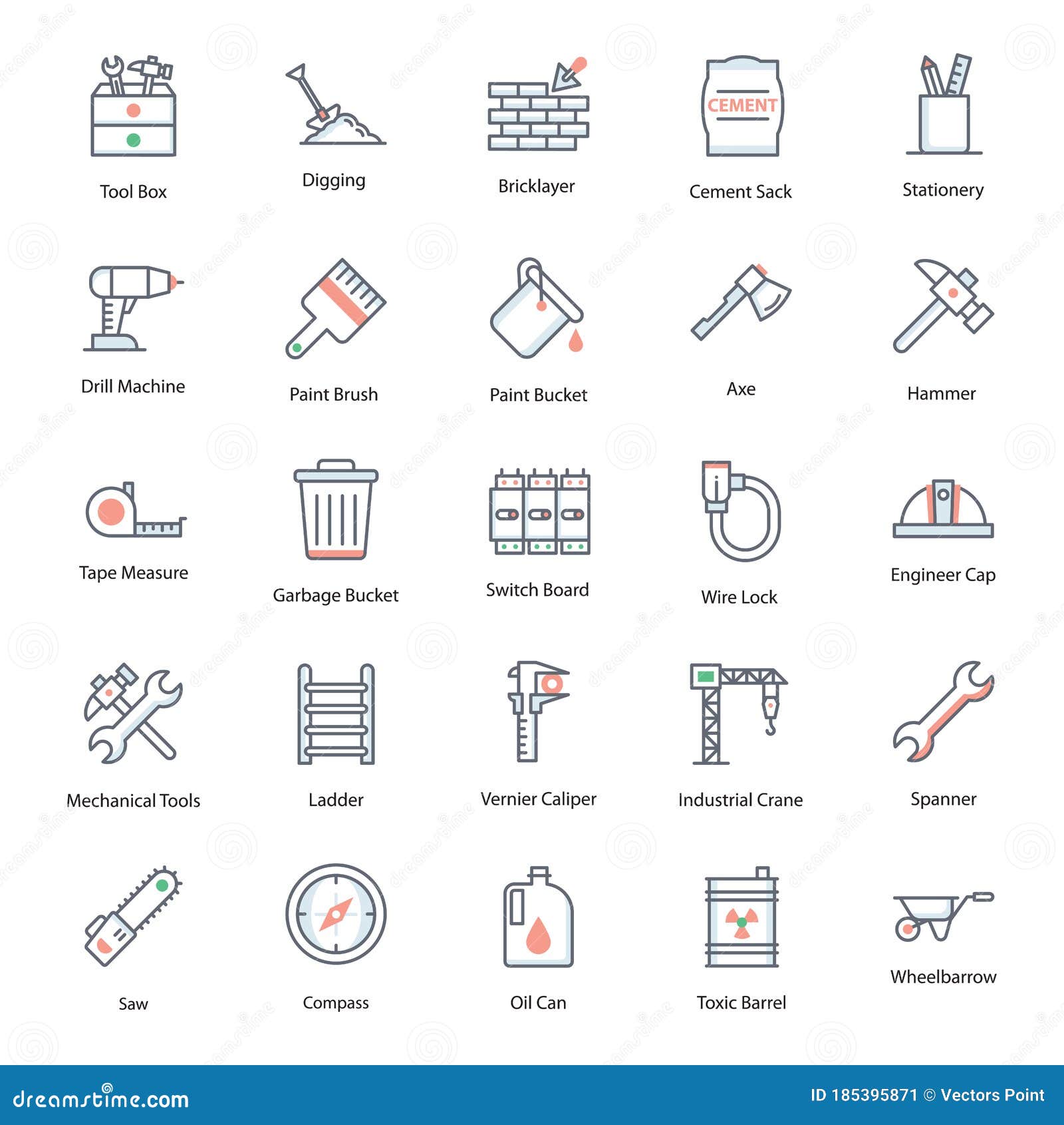 Construction Tools Flat Icons Pack Stock Vector - Illustration of sack, trolley: 185395871