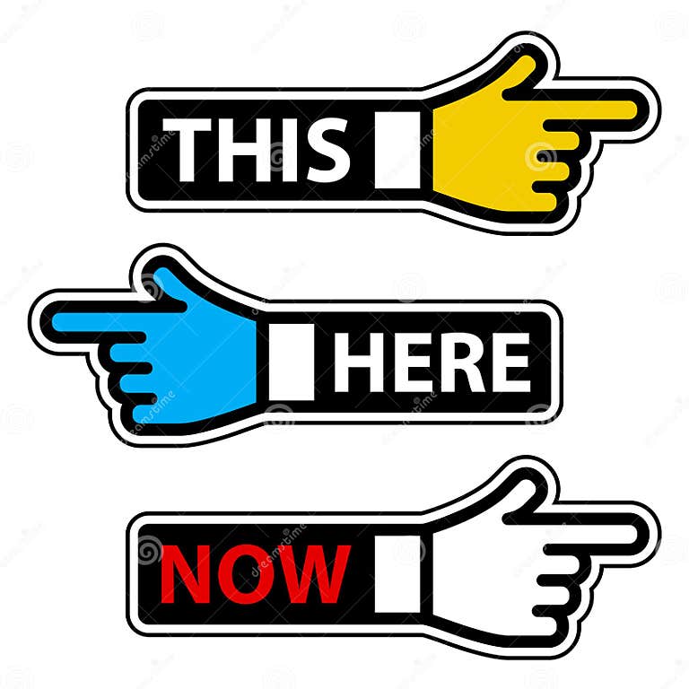 This Here Now Hand Pointer Labels Stock Vector - Illustration of ...