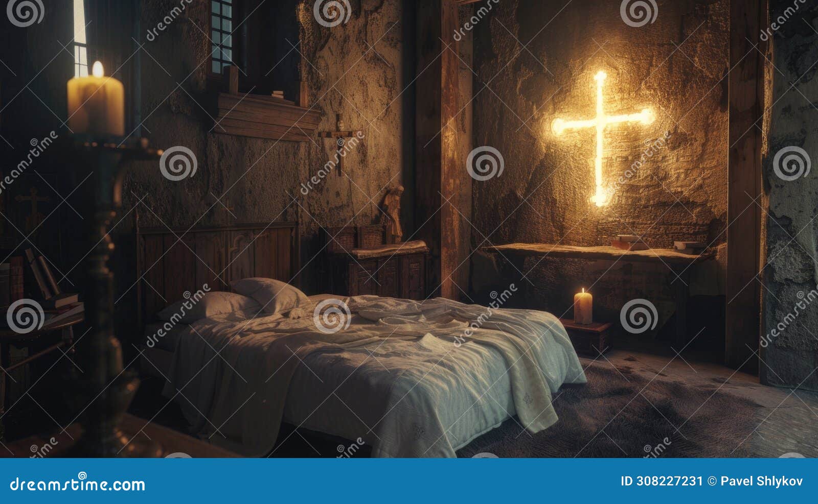 Hermit Cell in Monastery with Cross on Wall. Stock Image - Image of ...
