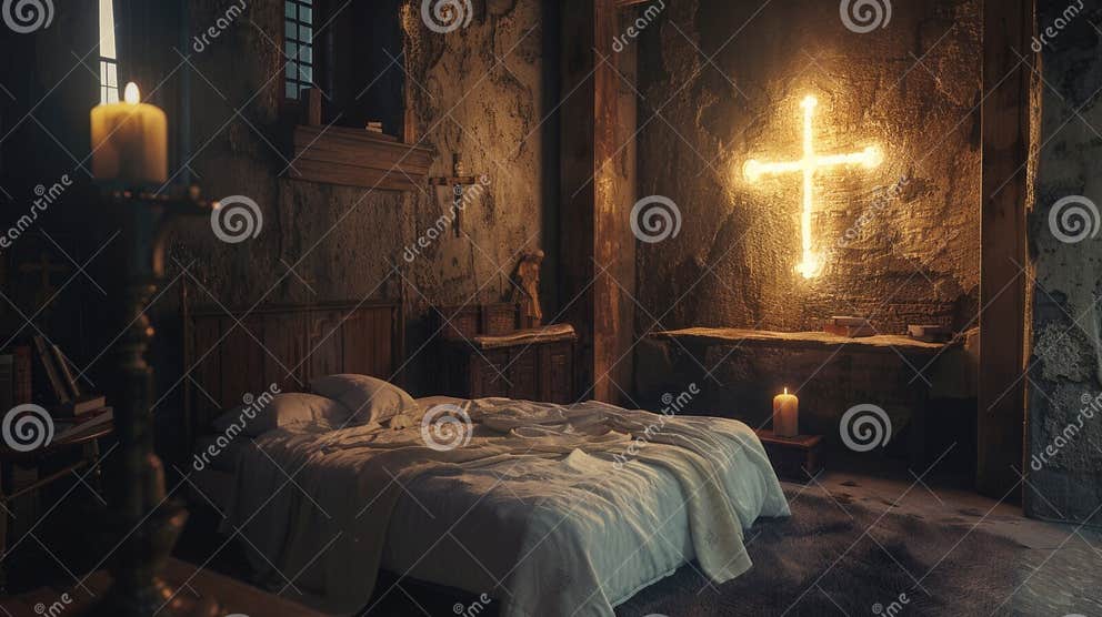 Hermit Cell in Monastery with Cross on Wall. Stock Image - Image of ...