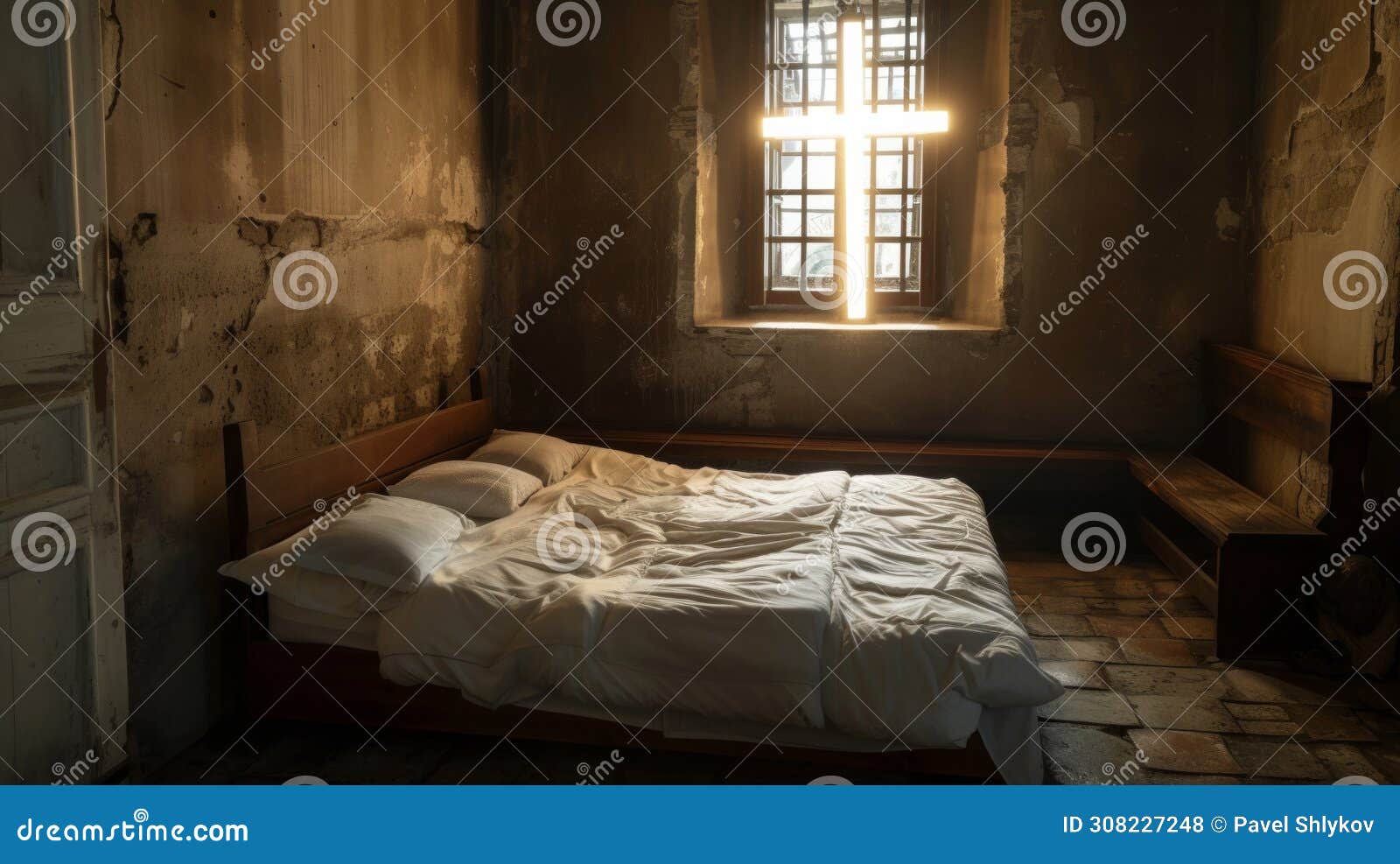 Hermit Cell in Monastery with Cross on Wall. Stock Photo - Image of ...