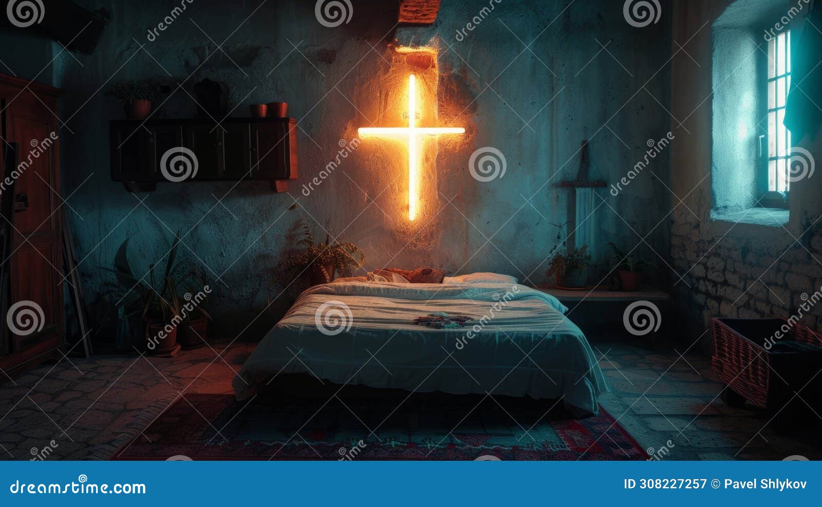 Hermit Cell in Monastery with Cross on Wall. Stock Image - Image of ...