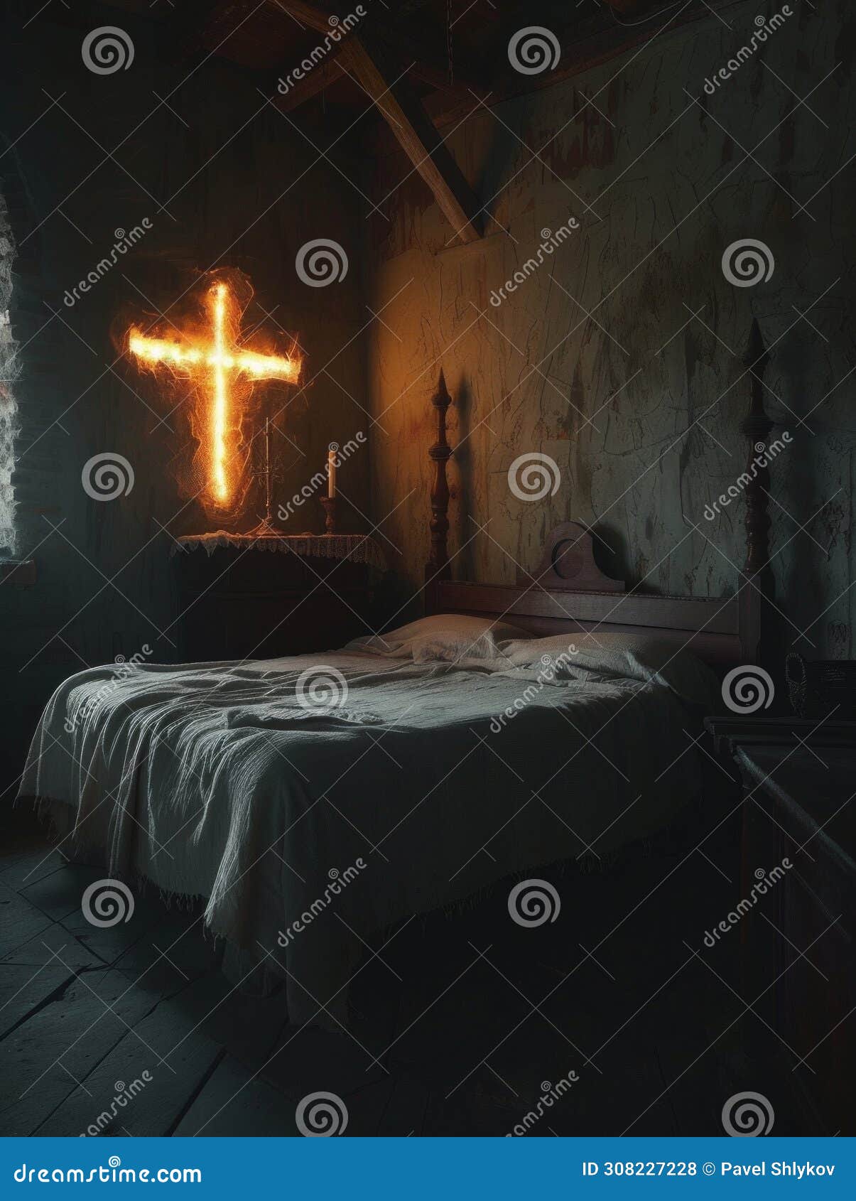Hermit Cell in Monastery with Cross on Wall. Stock Photo - Image of ...