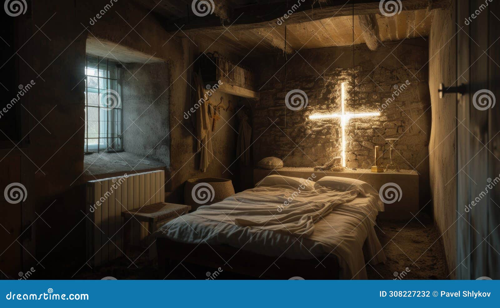 Hermit Cell in Monastery with Cross on Wall. Stock Photo - Image of ...