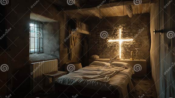 Hermit Cell in Monastery with Cross on Wall. Stock Photo - Image of ...