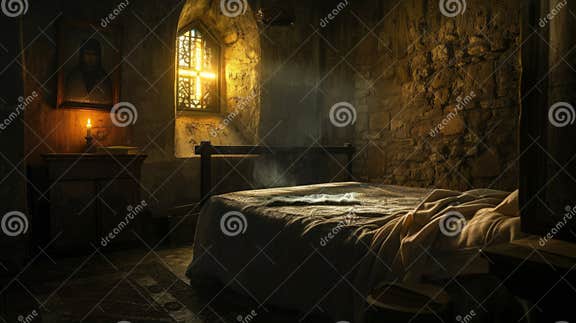 Hermit Cell in Monastery with Cross on Wall. Stock Photo - Image of ...