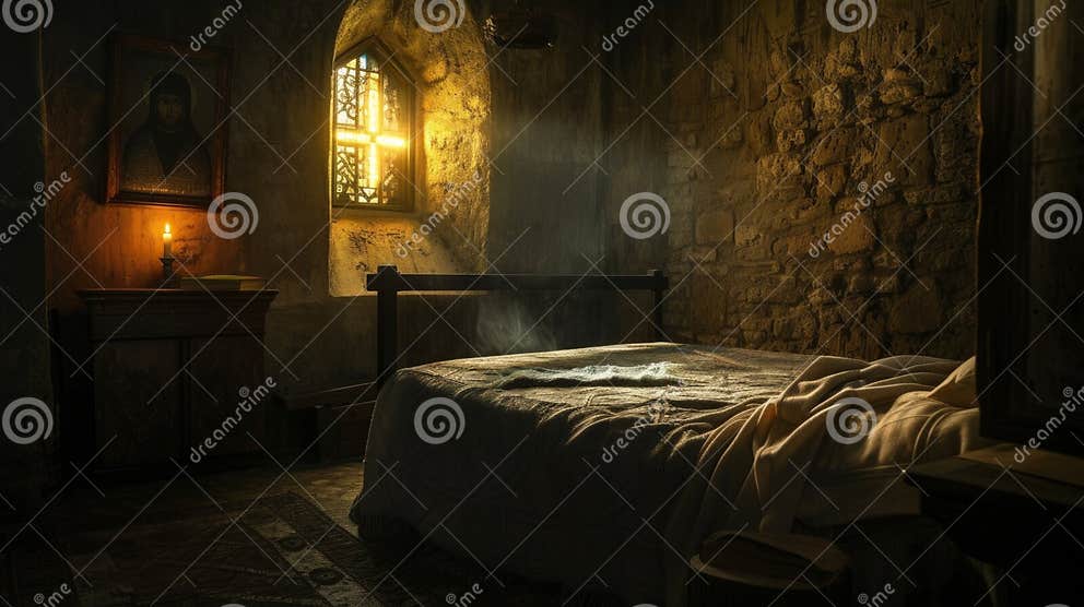 Hermit Cell in Monastery with Cross on Wall. Stock Photo - Image of ...