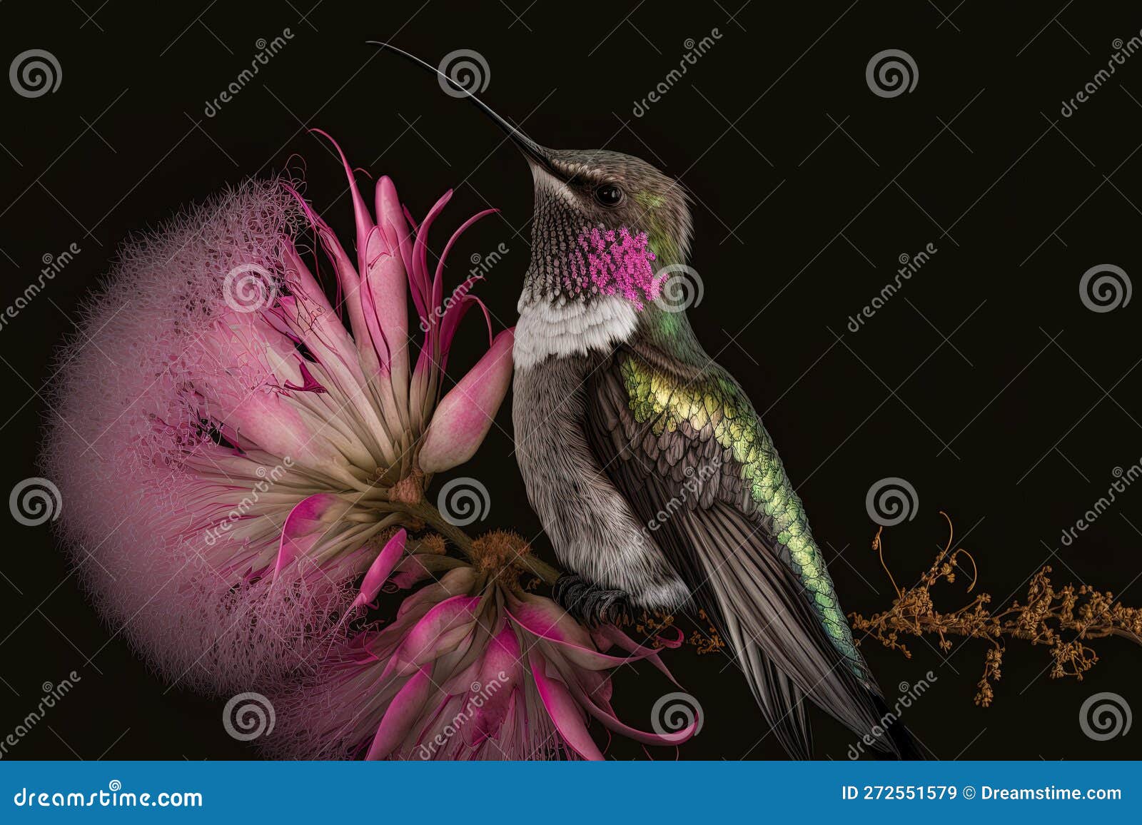 Hermit Hummingbird with Pink Flower Stock Illustration - Illustration ...
