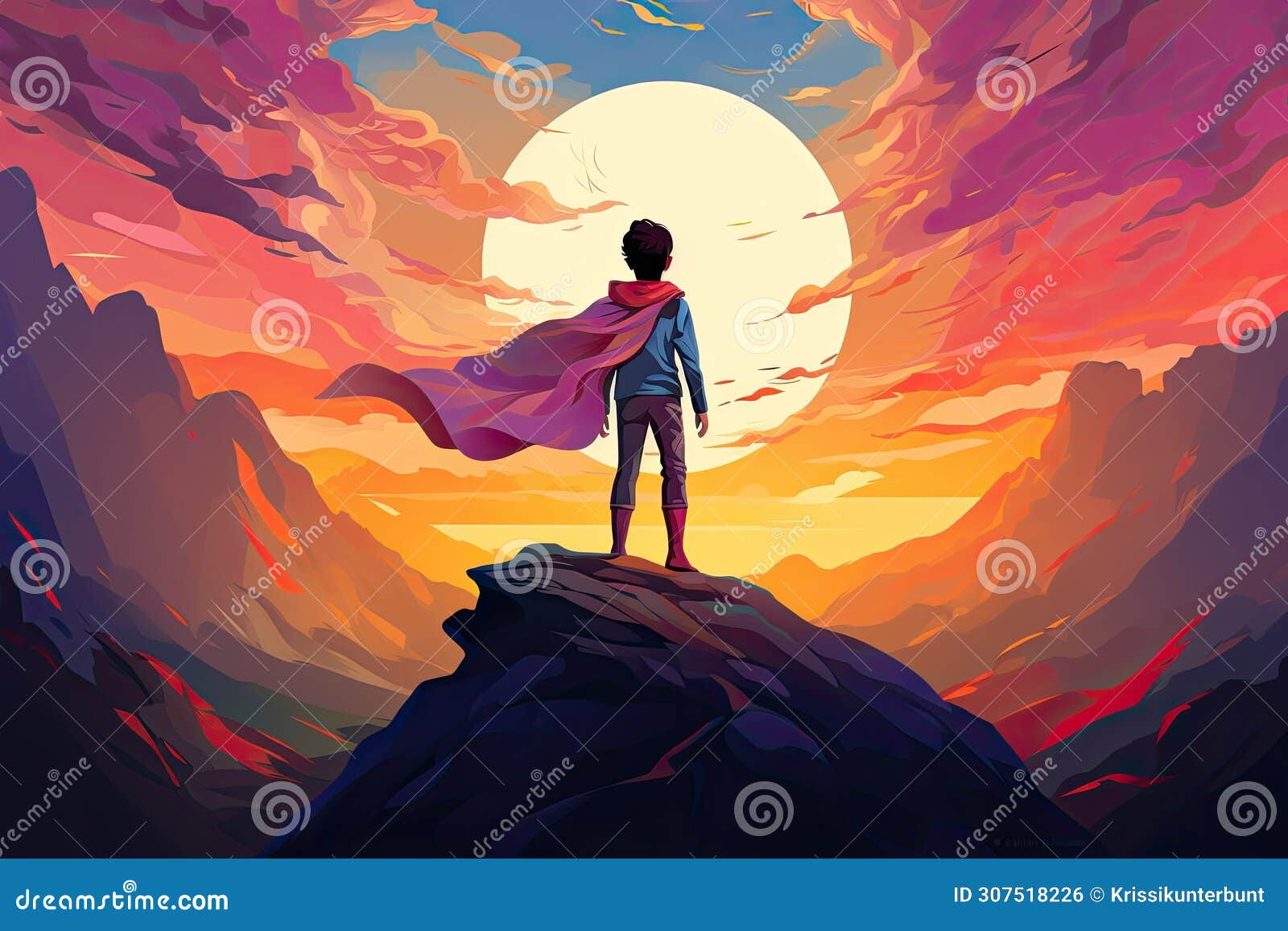 Hero Boy with Cape Stand on a Cliff AI Generated Stock Illustration ...