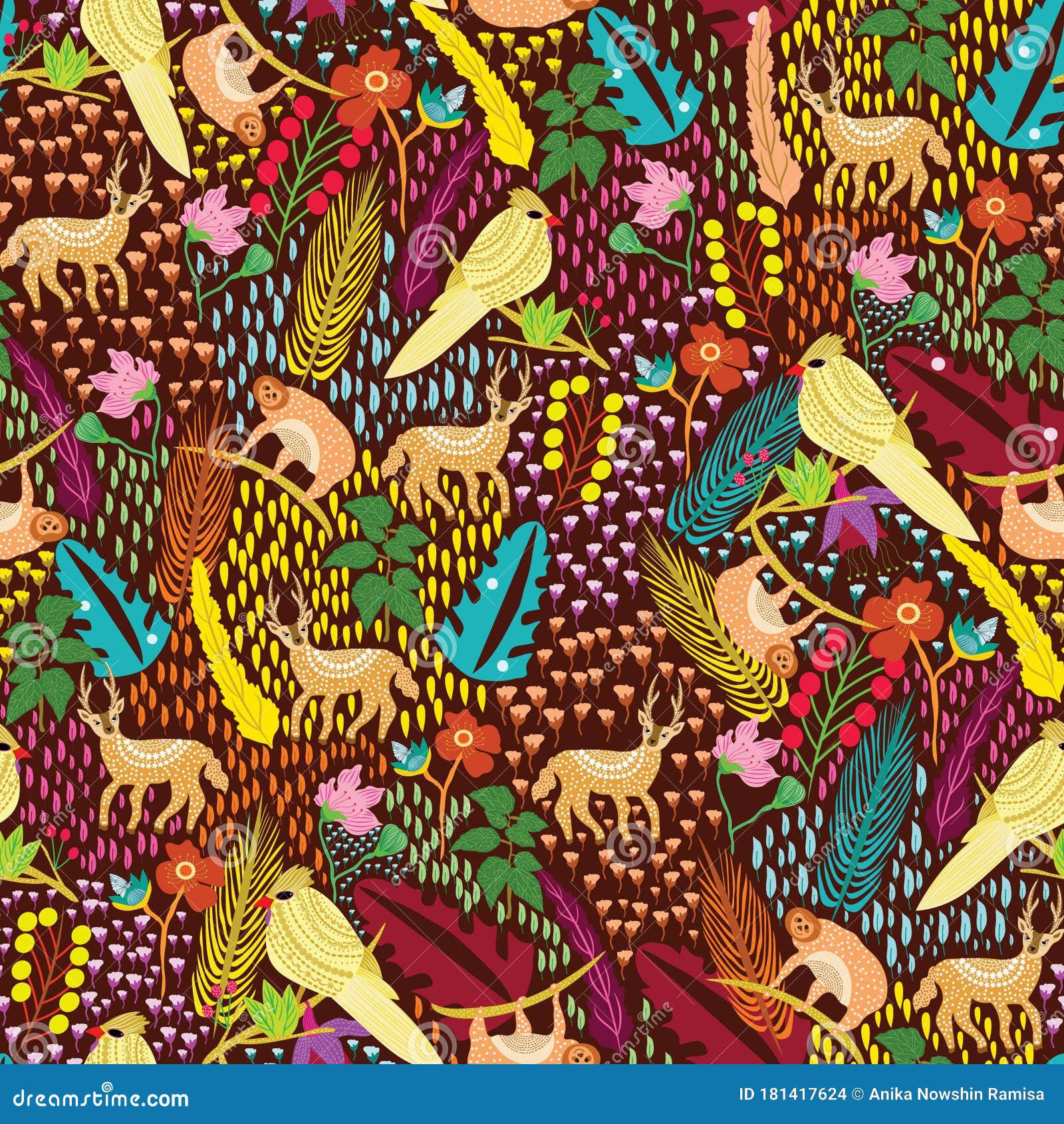 Jungle Theme Animal Pattern with Bird and Sloth Stock Illustration ...
