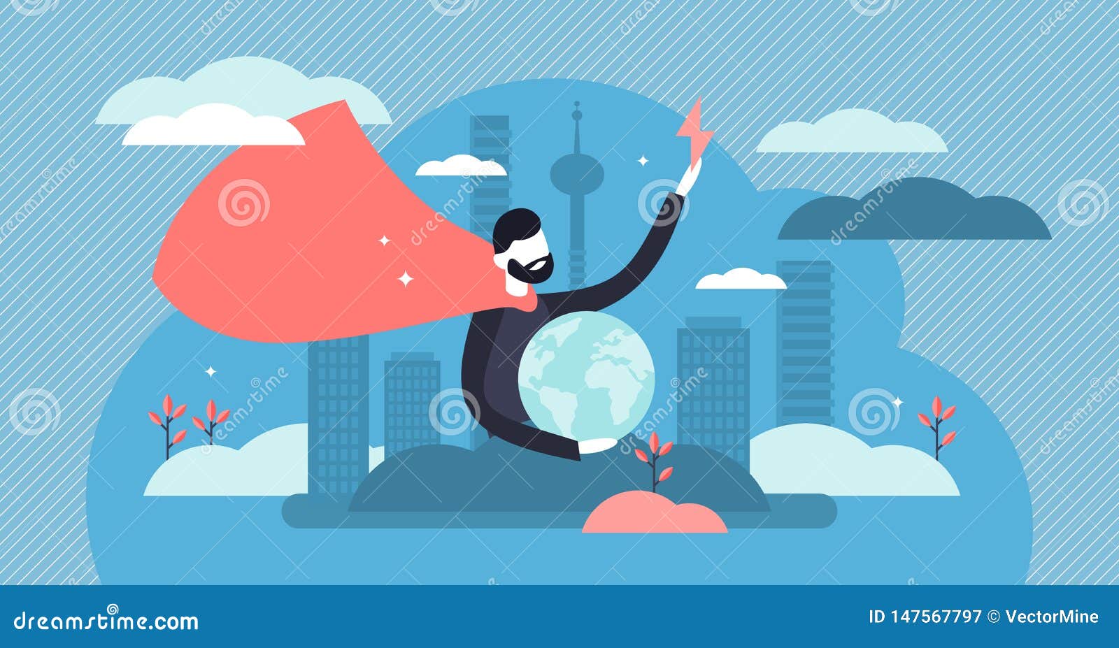 Hero Vector Illustration. Flat Tiny Strong Rescue Defender Persons ...