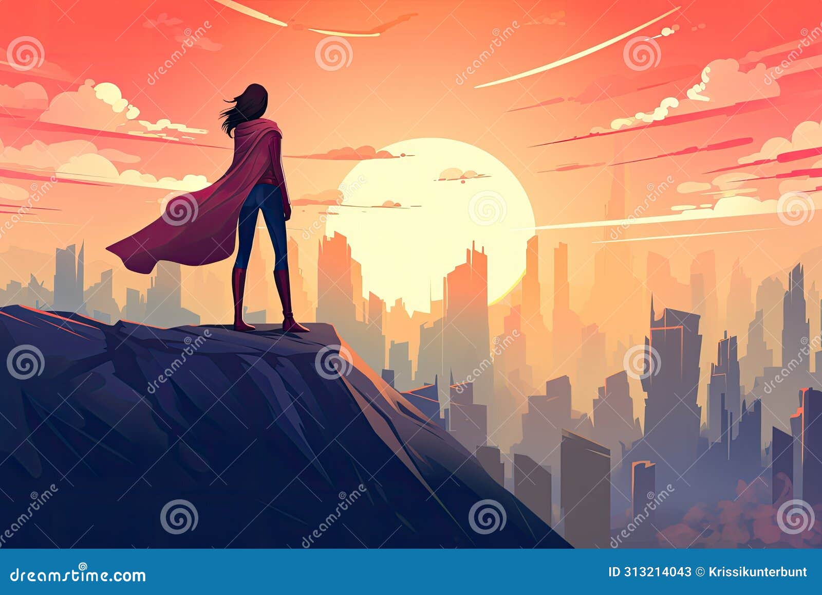 Hero Woman with Cape Stand on a Cliff AI Generated Stock Illustration ...