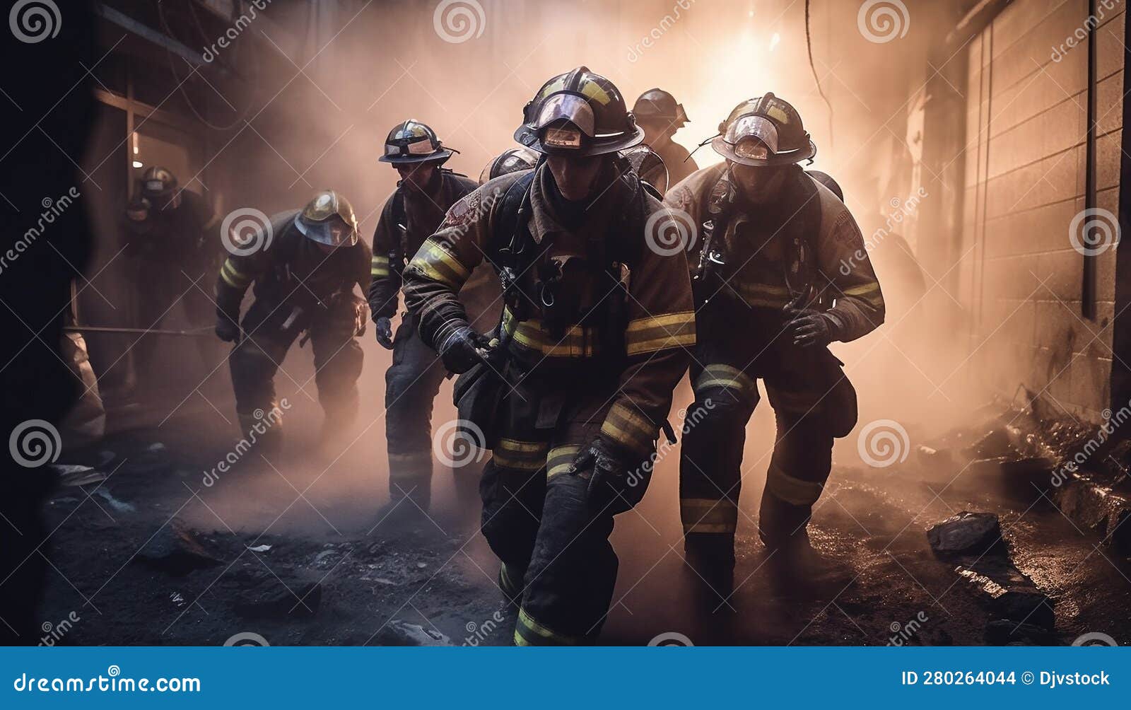 Heroes in Protective Workwear and Helmets Rescue Burning Physical ...