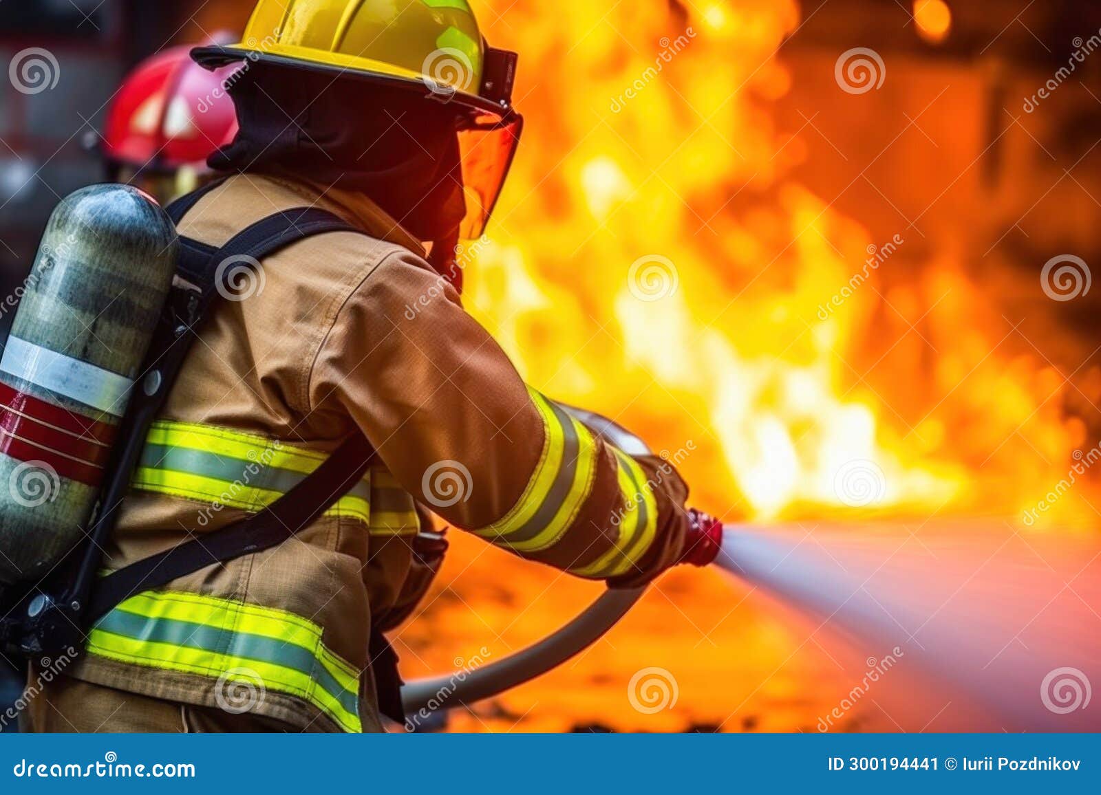 The Heroic Action of a Firefighter in Extinguishing a Fire Stock Image ...