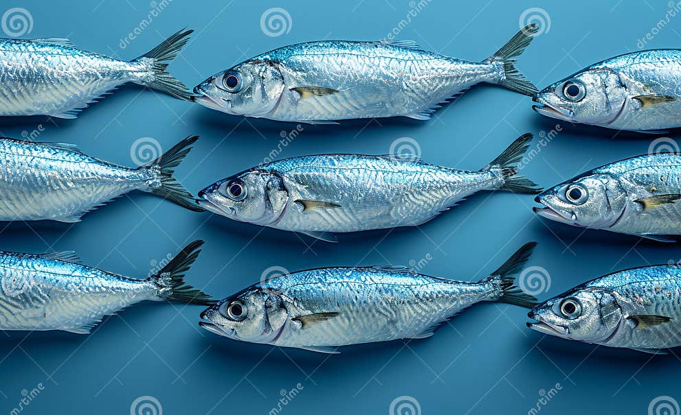 Herring Fish Lined Up in Row on Blue Background Stock Photo - Image of ...